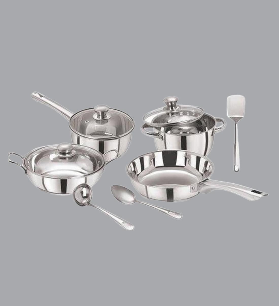 Buy Silver Stainless Steel Tri Ply Induction Base Cookware Set of 10 ...
