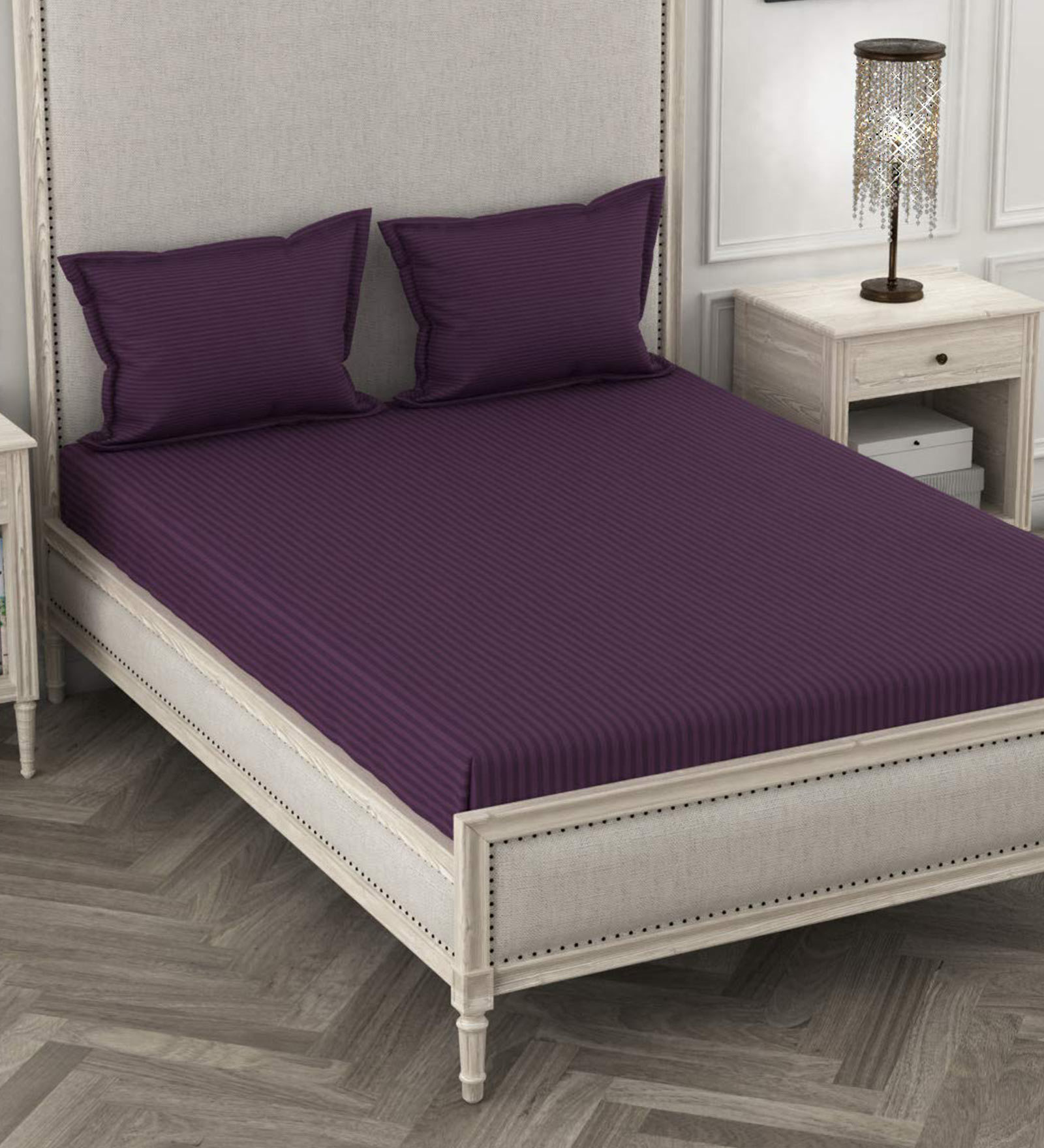 Buy Purple Stripes 300 TC Cotton King Size Bedsheet With 2 Pillow ...