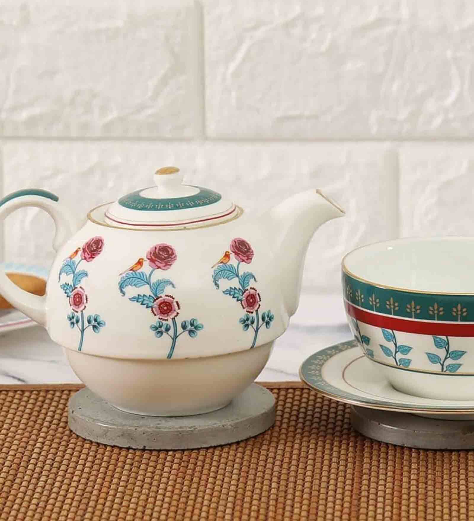 Buy Premium Print White & Green Ceramic (Set of 3) Teaware Set at 36% ...