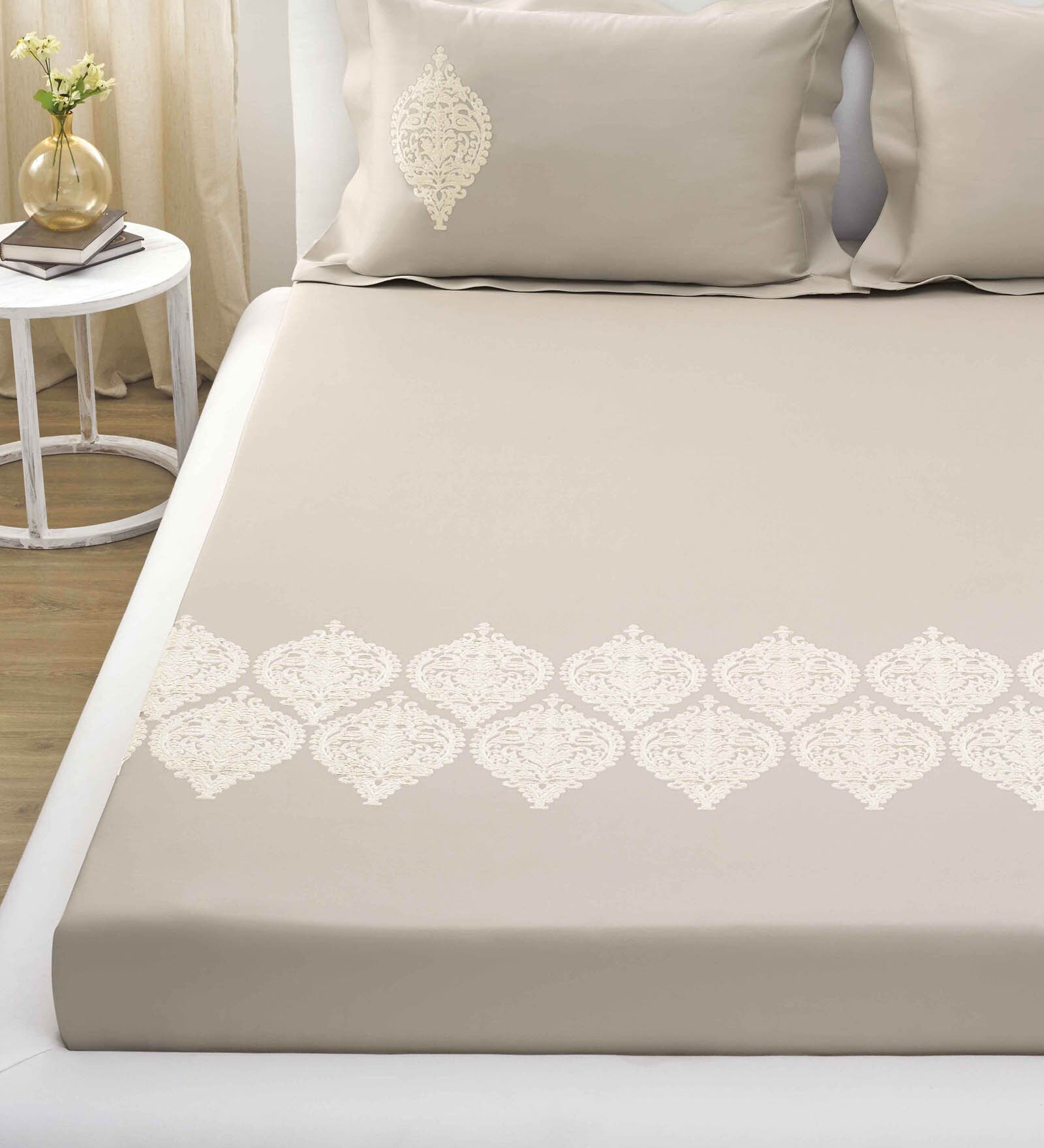 Buy Beige Traditional 400 TC Cotton Blend Queen Sized Bed Sheets with 2 ...