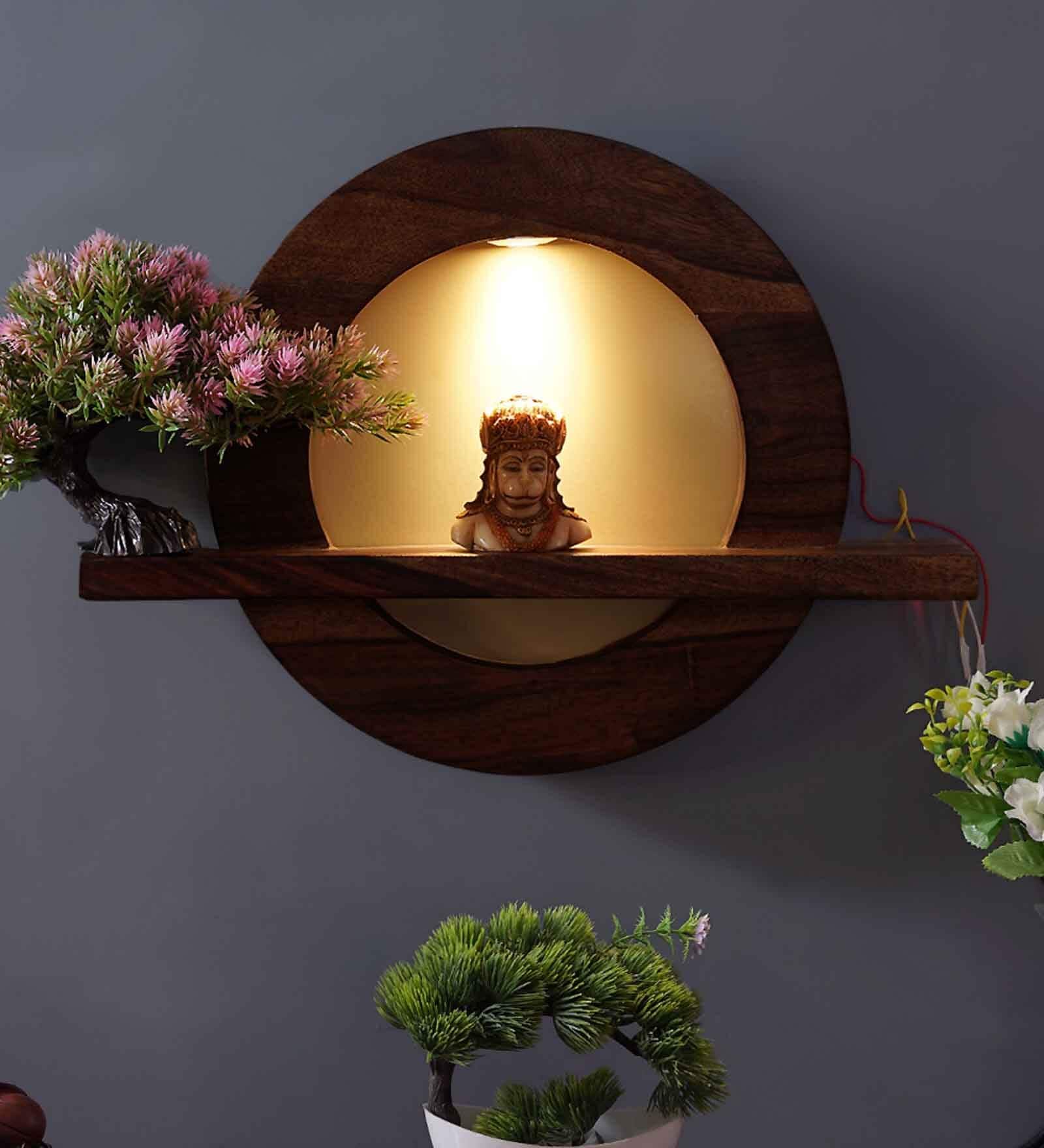 Buy Provincial Teak Sheesham Wood & MDF LED Pooja Shelf With Hanuman ...