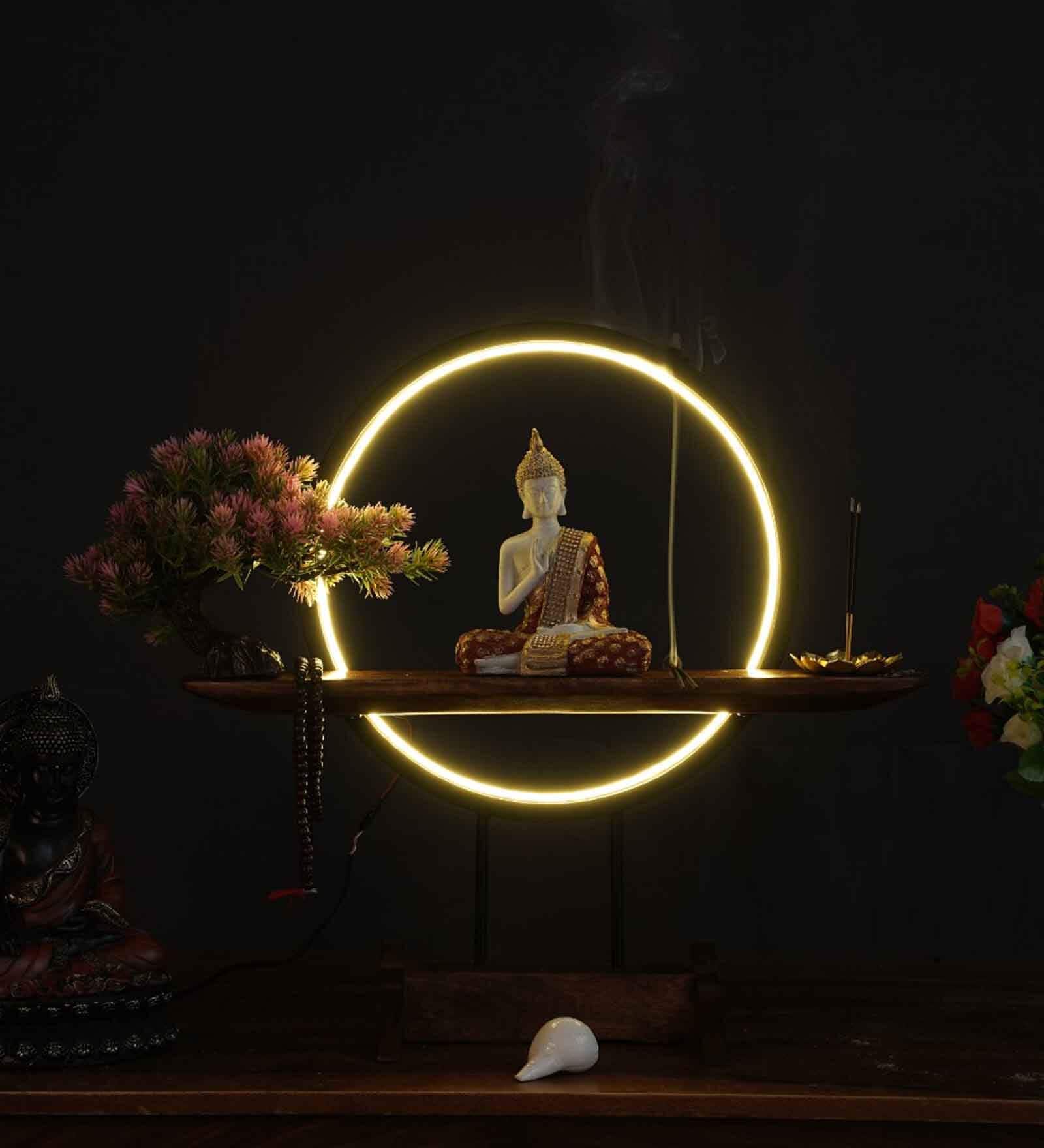 Buy Provincial Teak Wood Metal LED Pooja Shelf With Buddha Idol at 11% ...