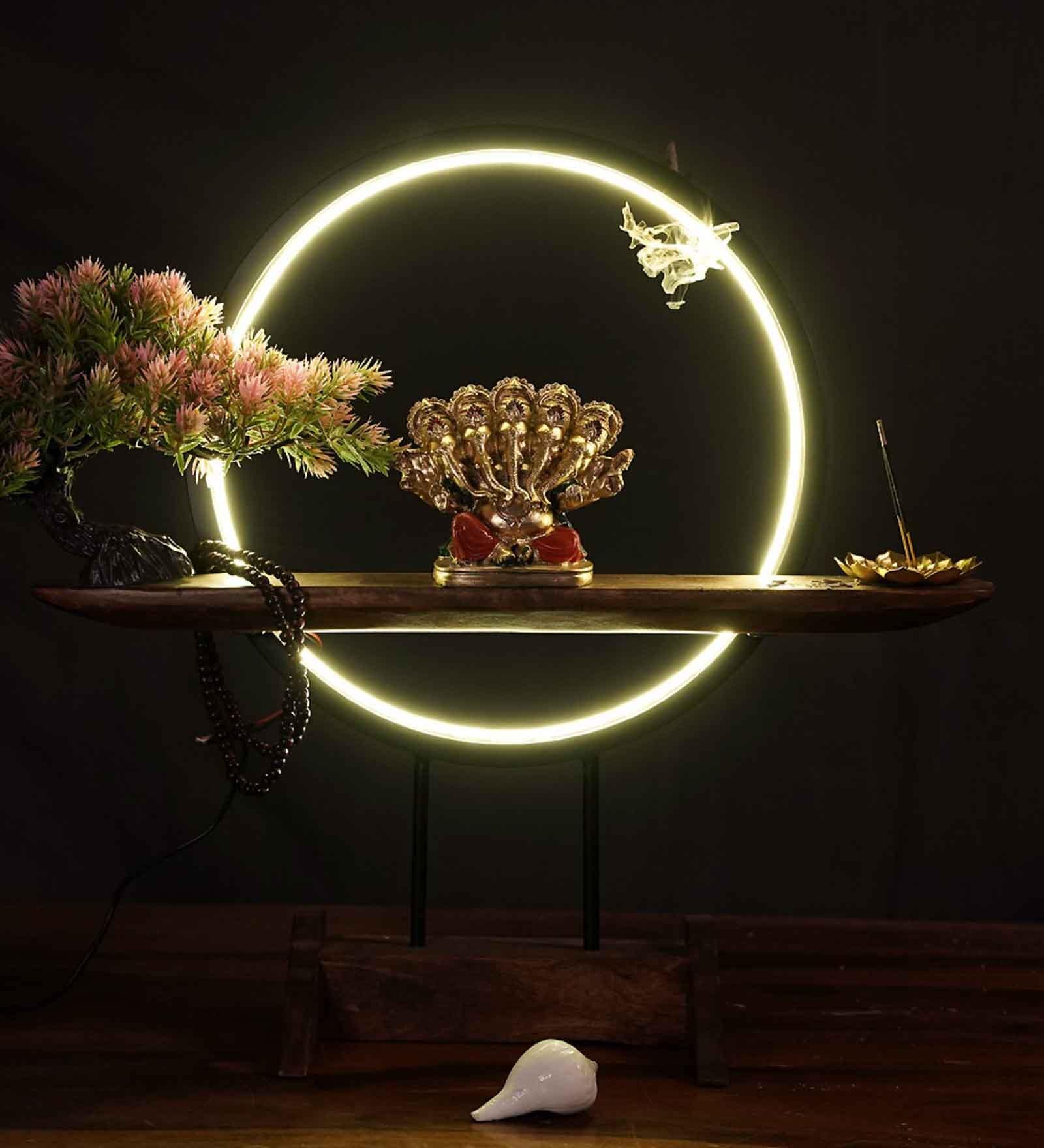 Buy Provincial Teak Wood Metal LED Pooja Shelf With Panchmukhi Ganesh ...