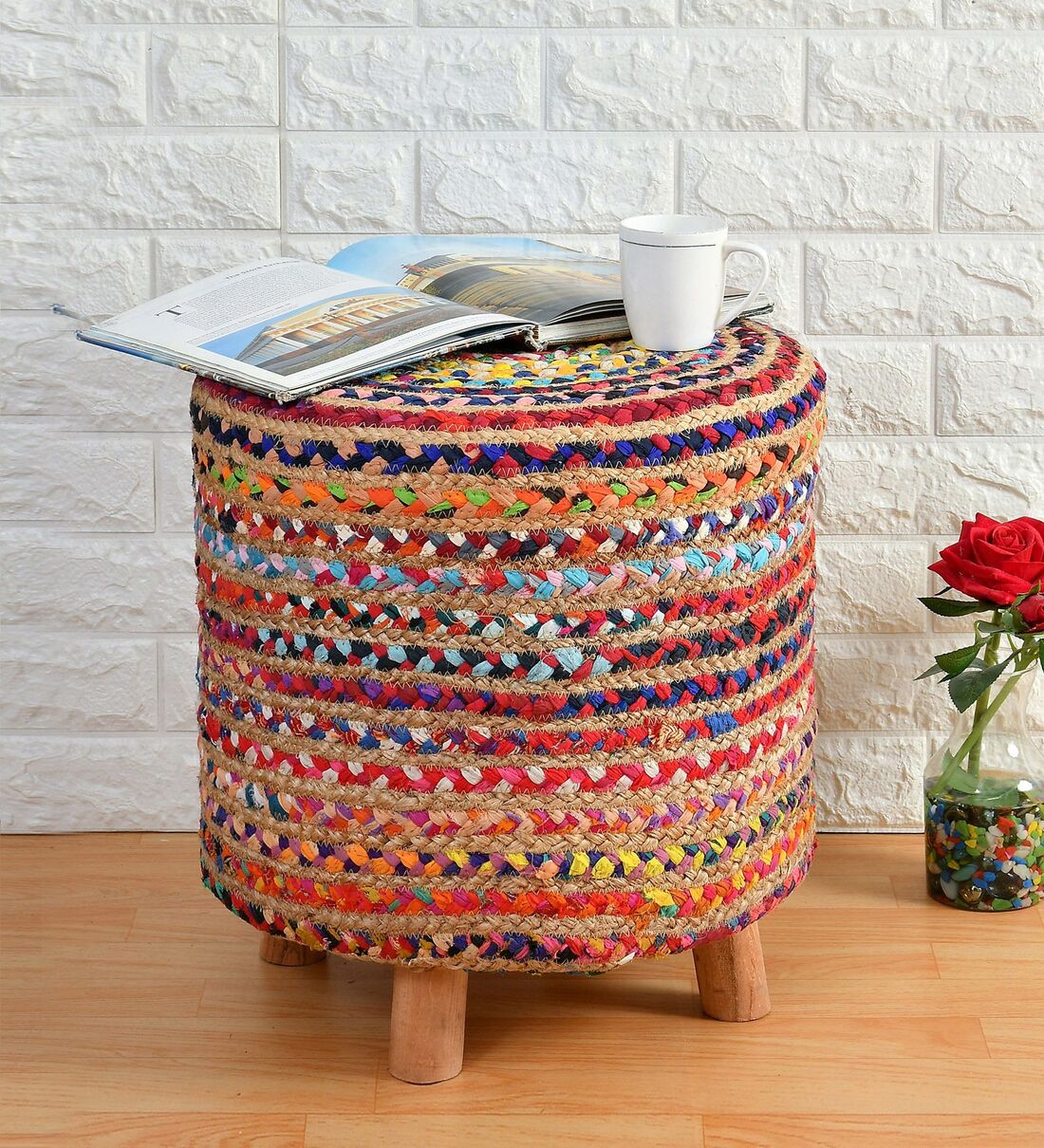 Buy Puffy Jute Fabric Seating Stool in Pink Multi Colour at 100% OFF by ...