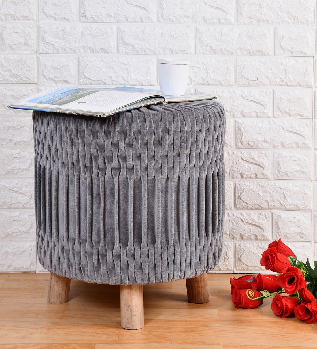 Buy Puffy Velvet Seating Stool in Grey Colour Online - Contemporary ...