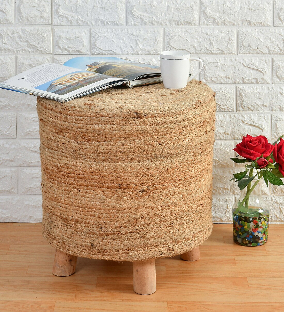 Buy Puffy Fabric Seating Stool in Natural Colour by Sheen decor Online ...