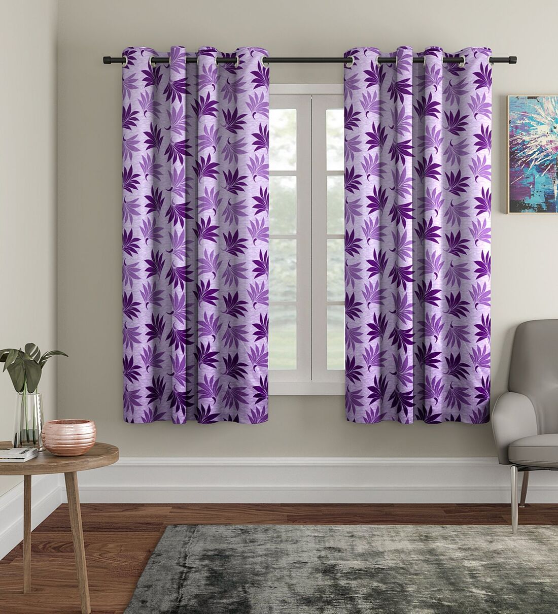 Buy Purple Floral Polyester 5Ft Semisheer Eyelet Window Curtains (Set ...