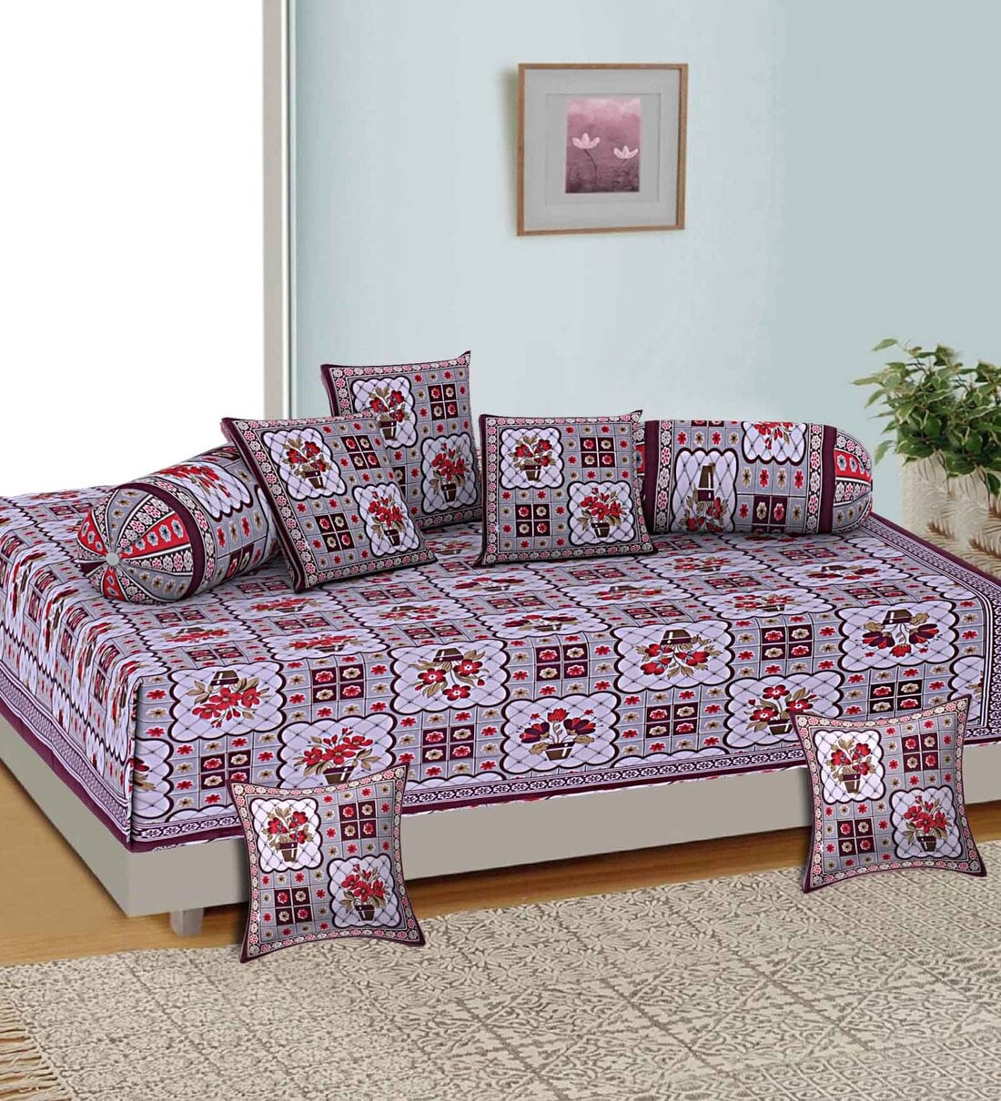 Buy Purple Traditional Cotton 1 Bedsheet with 5 Cushions Covers and 2 ...