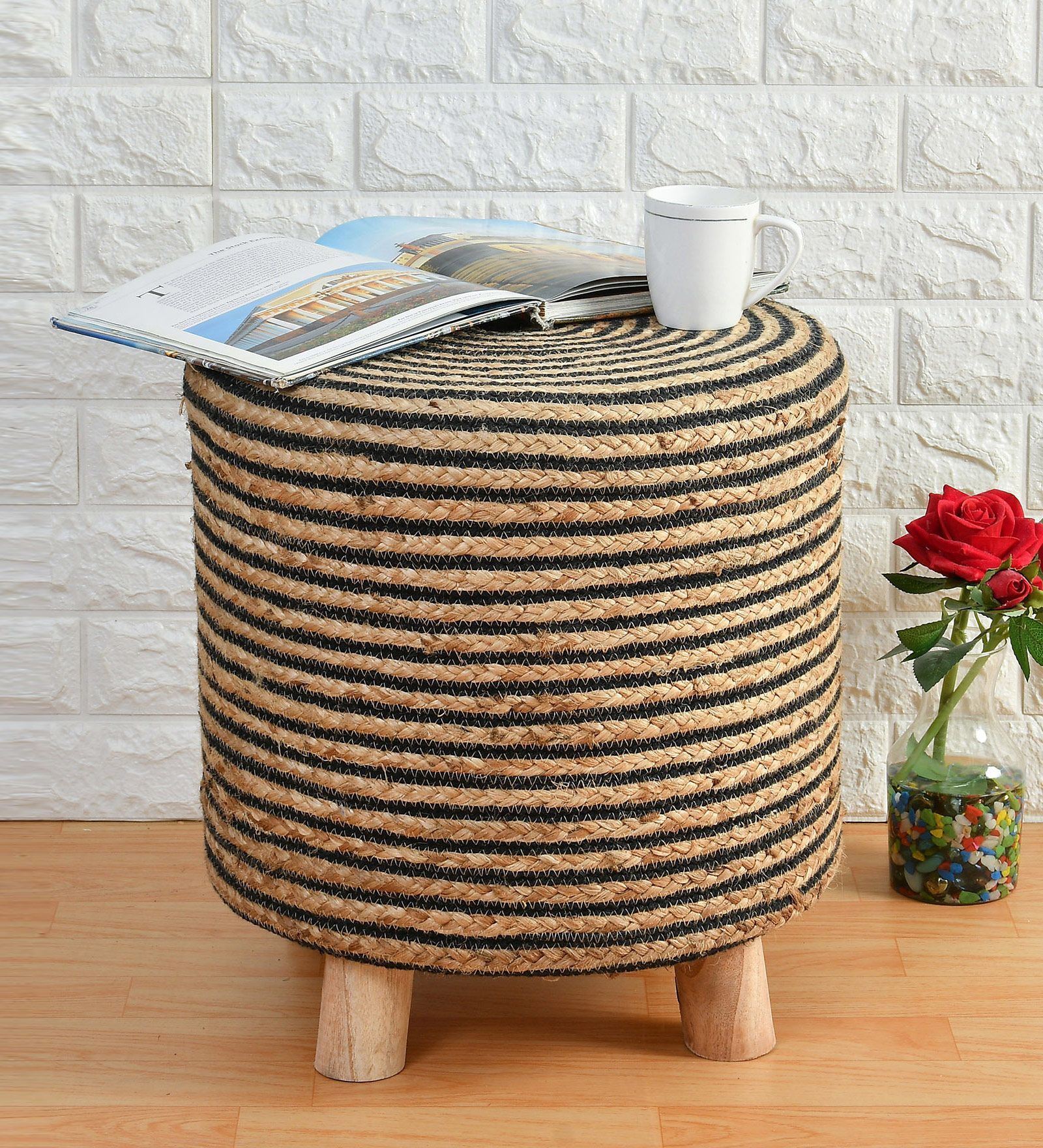 Buy Puffy Fabric Seating Stool in Black Colour by Sheen decor | Pepperfry