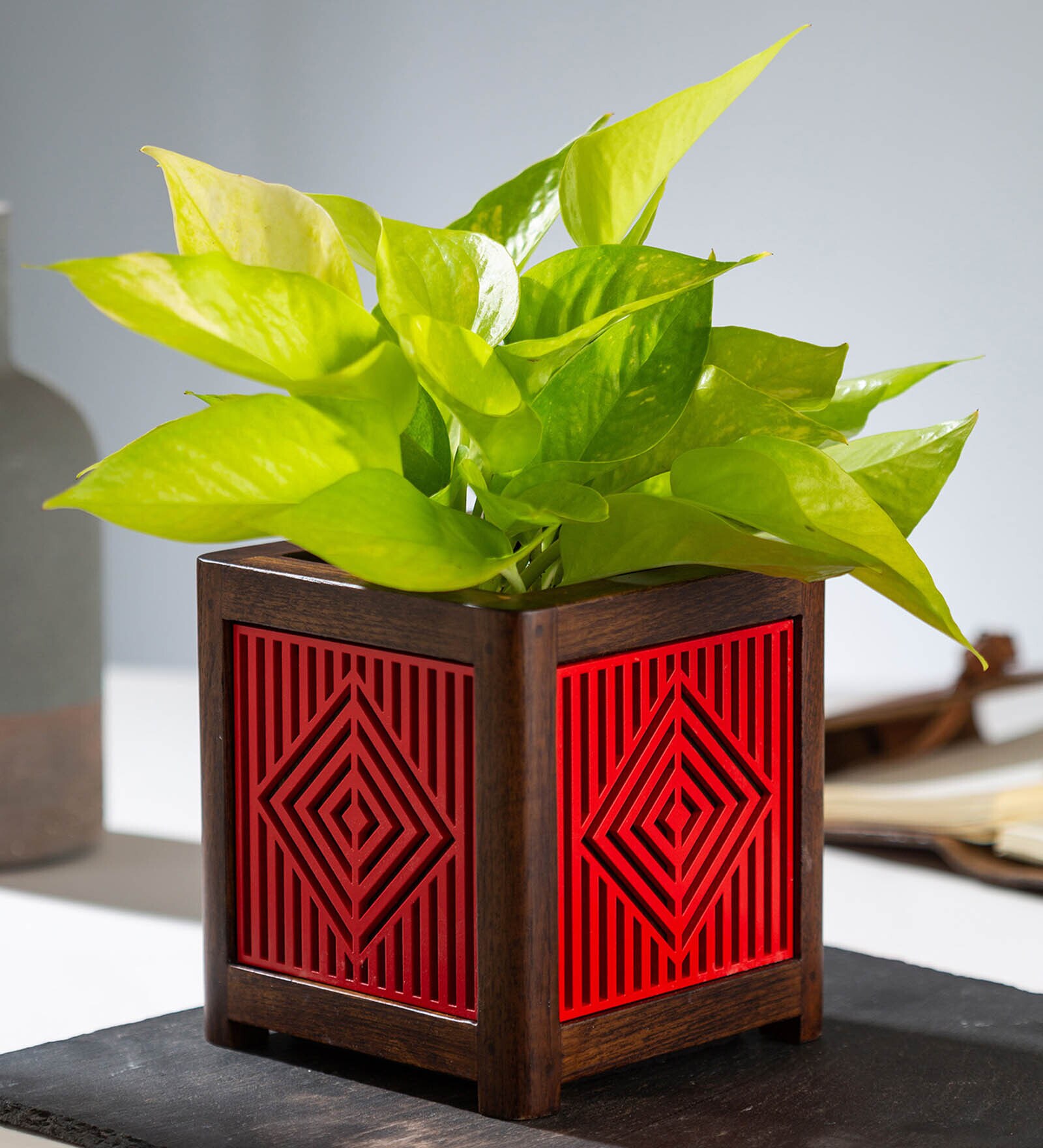 Buy Pure Red Teak Wood Qubo Series Liner Handmade Wooden Deskpot Desk ...