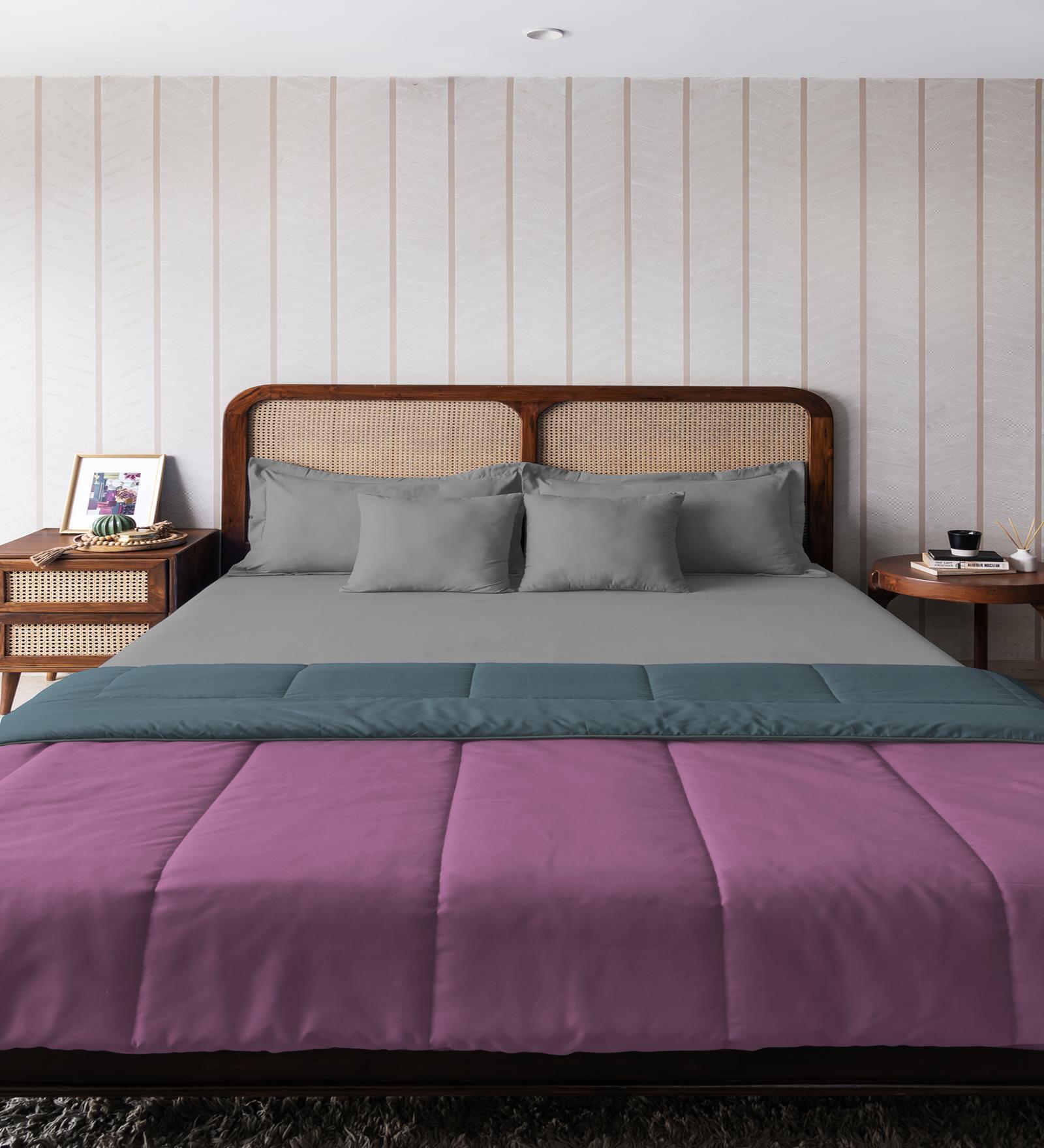 Buy Purple And Grey Microfiber Solid Reversible 150 GSM Double Bed ...