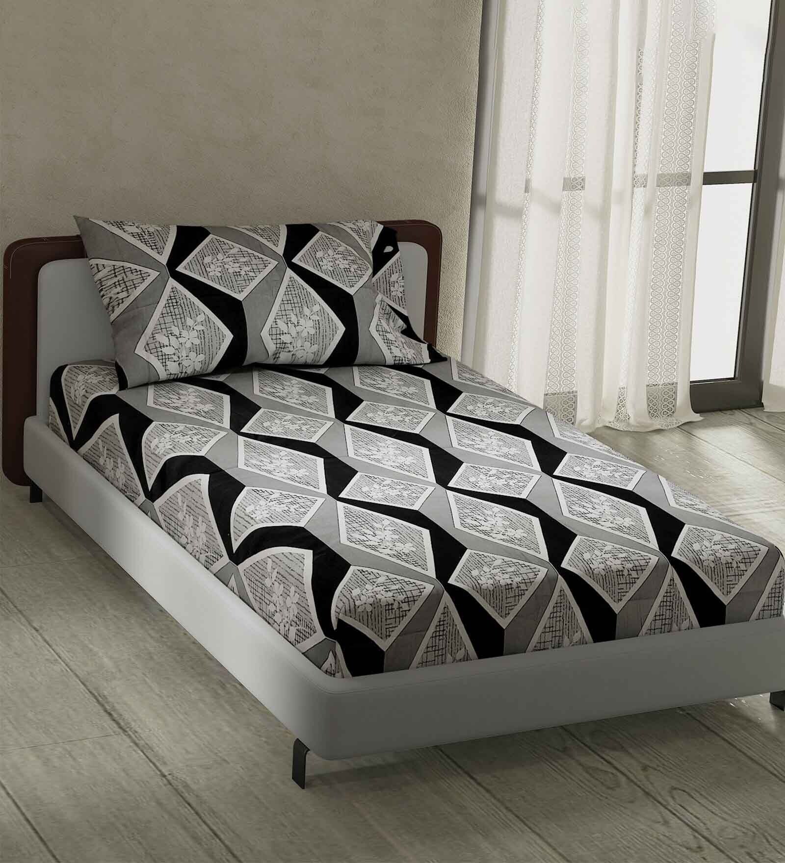 Buy Black and Grey Floral 180 TC Cotton Single Bedsheet with 1 Pillow Cover at 40% OFF by LABHAM ...