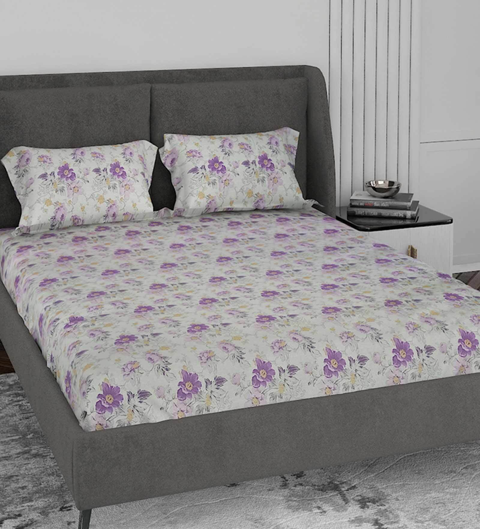 Buy Purple Floral 180 TC 100 % Cotton Double Bedsheet With 2 Pillow Covers by LABHAM Online ...