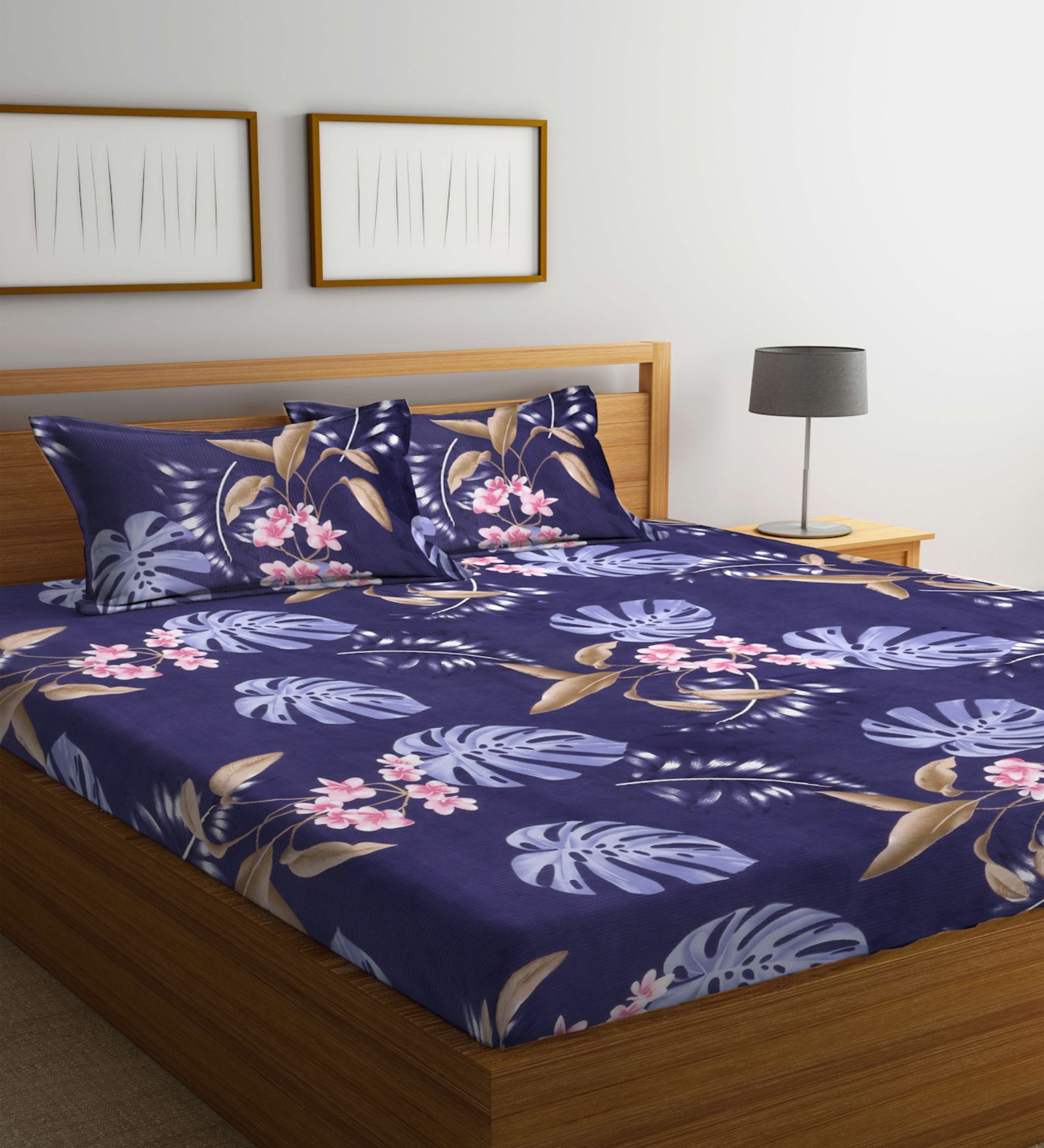 Buy Purple Floral 300 TC Cotton Blend Double Queen Size Bedsheet With 2 ...