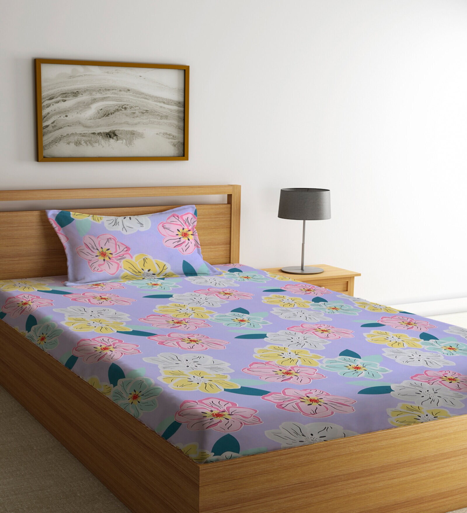 Buy Purple Floral 300 TC Cotton Single Bedsheet with 1 Pillow Cover at ...