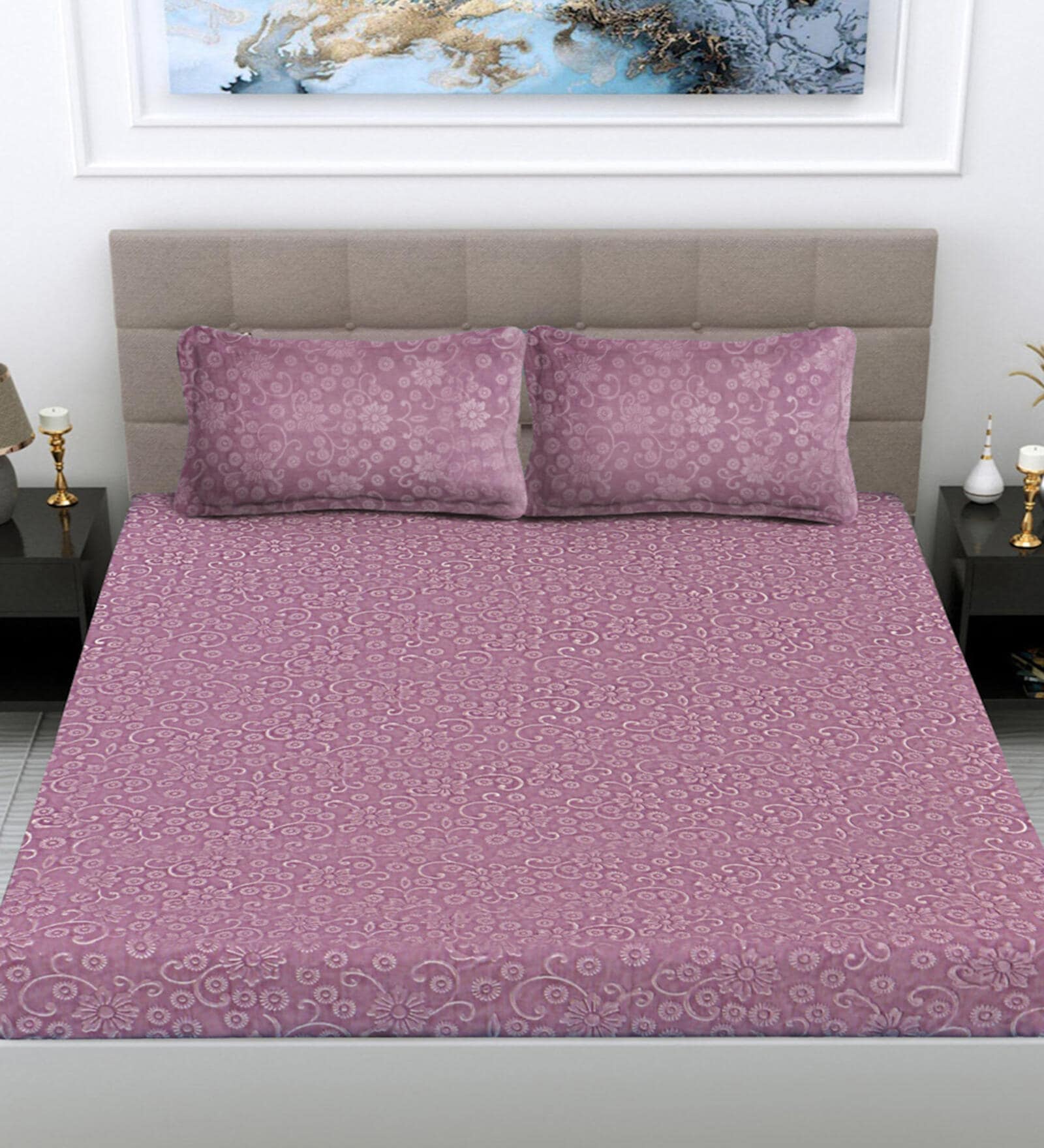 Buy Purple Floral 300 TC Woollen Woollen Fitted Double Bedsheet with 2 ...