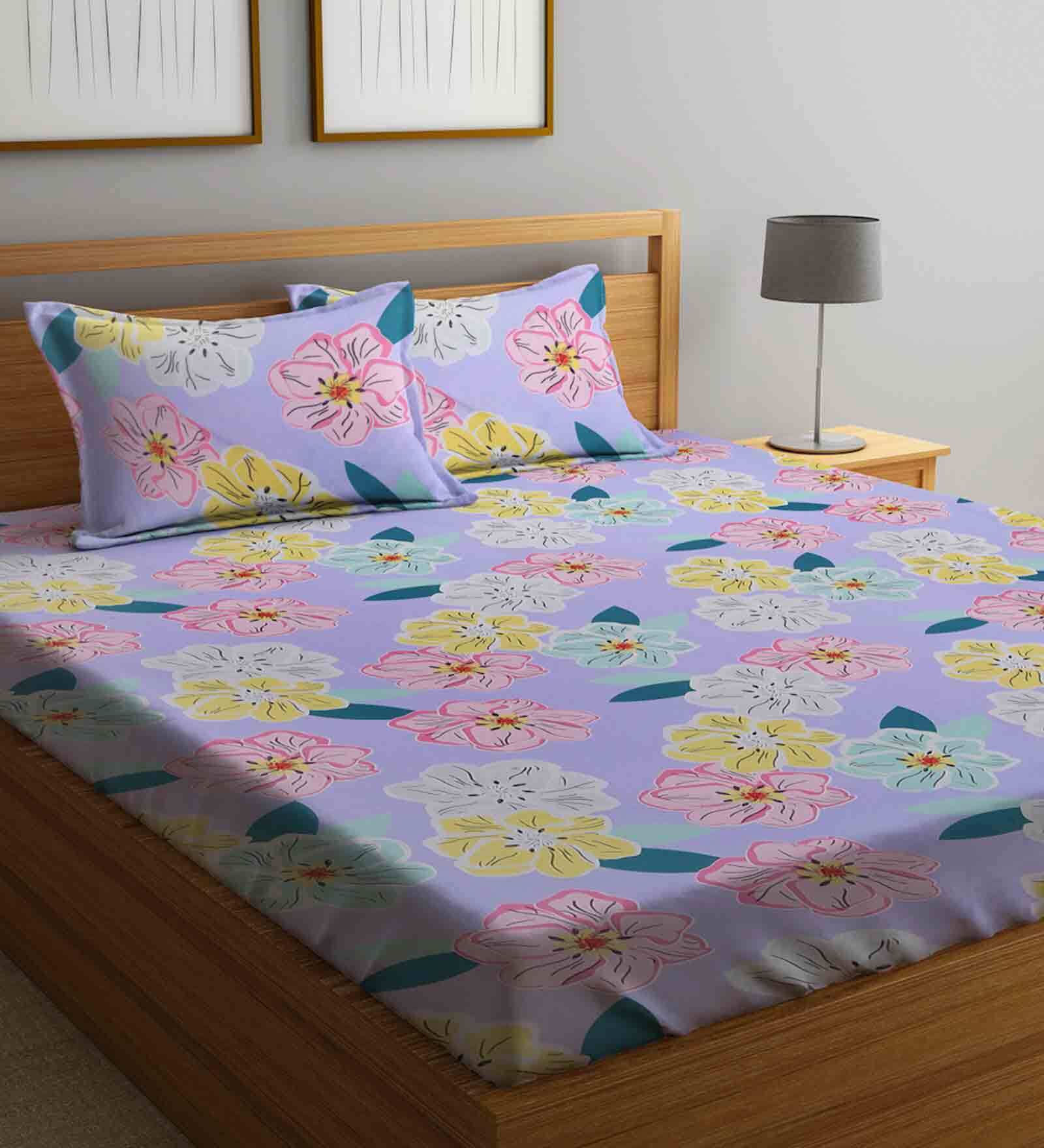 Buy Purple Floral TC 210 Polycotton King Sized Bedsheet With 2 Pillow ...