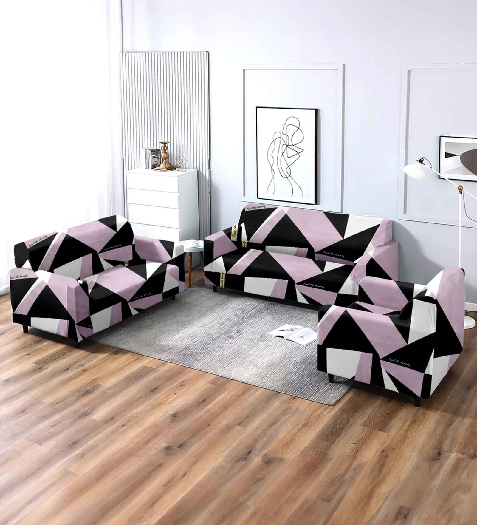 Buy Purple Geometric Polyester (3 seater) Sofa Cover & (Pack of 2 ...