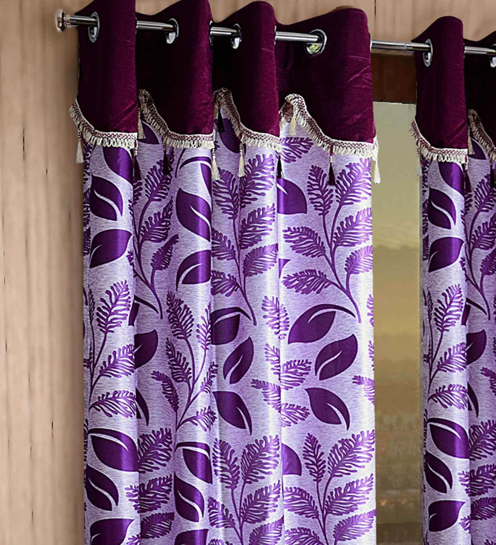 Buy Purple Floral Polyester 5 Ft Semisheer Eyelet Window Curtains (Set ...