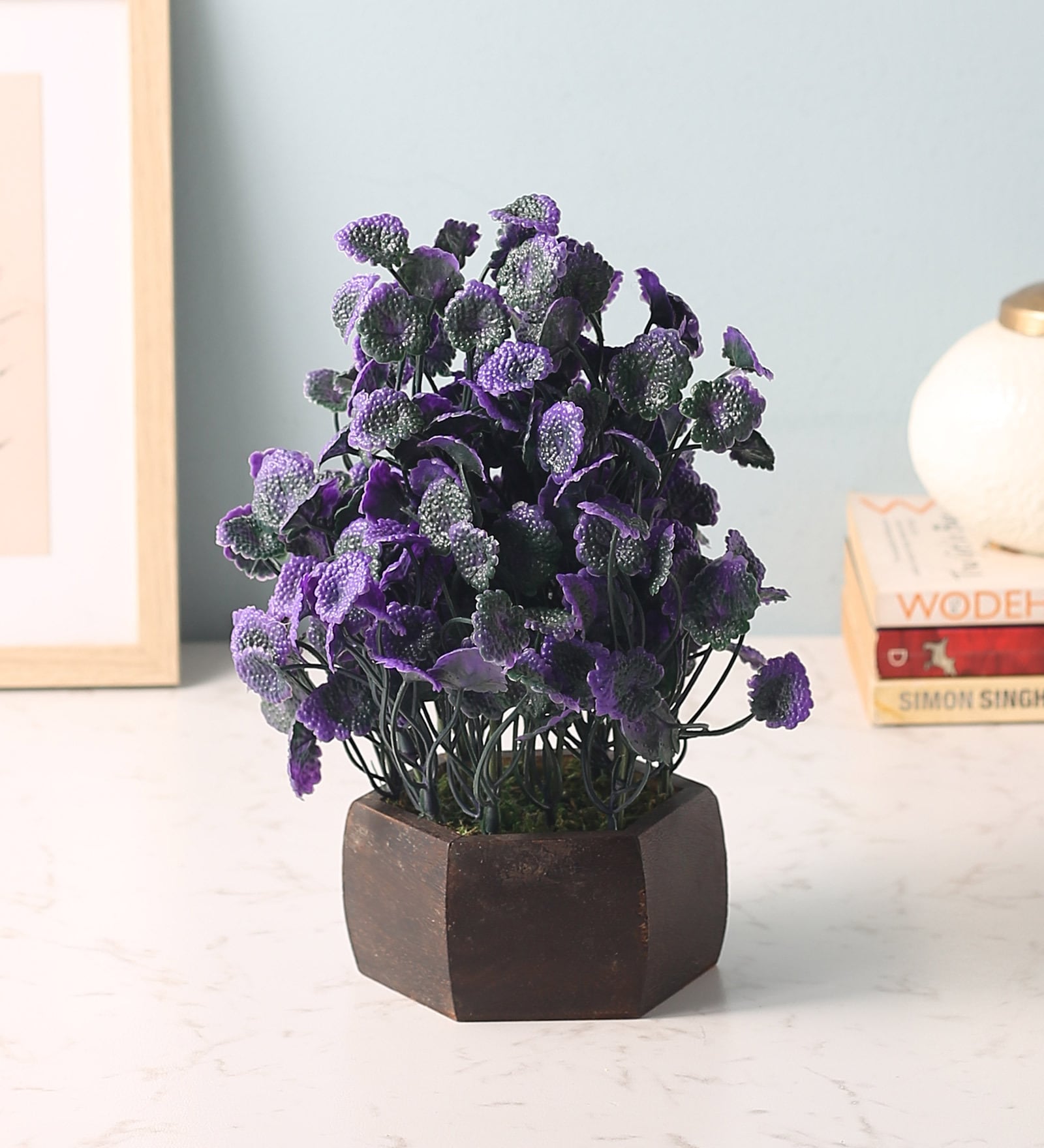 Buy Purple Polyster Artificial Button Leaves Plant With Wooden Hexagon ...