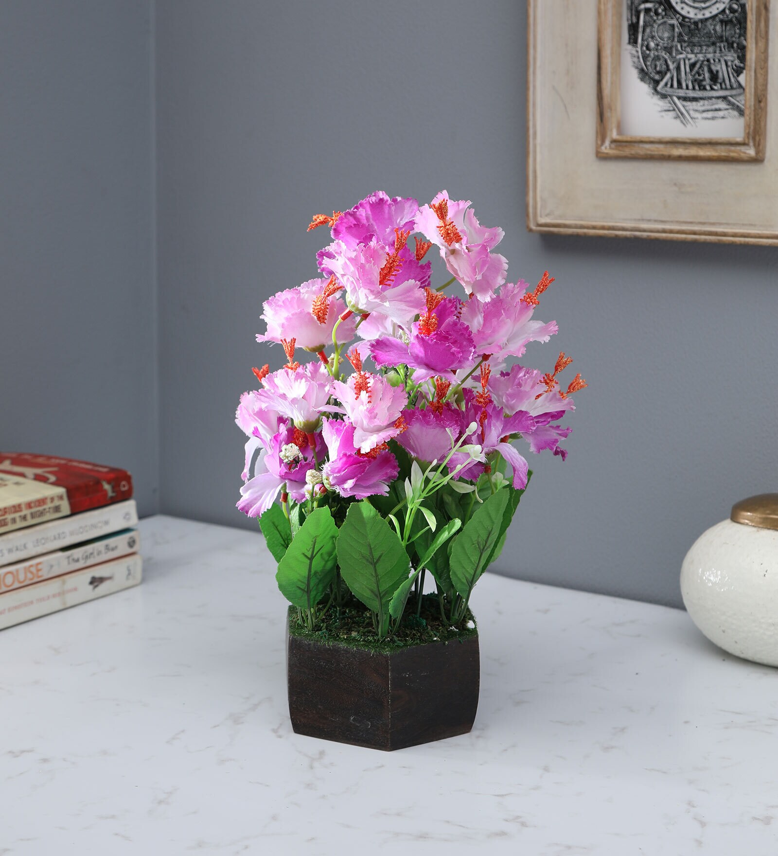 Buy Polyester Purple Polyster Hibiscus Flower With Wooden Pot By ...