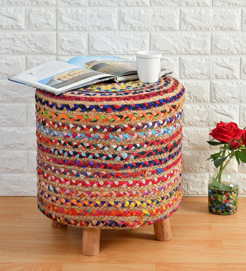 Buy Puffy Jute Fabric Seating Stool in Pink Multi Colour Online ...