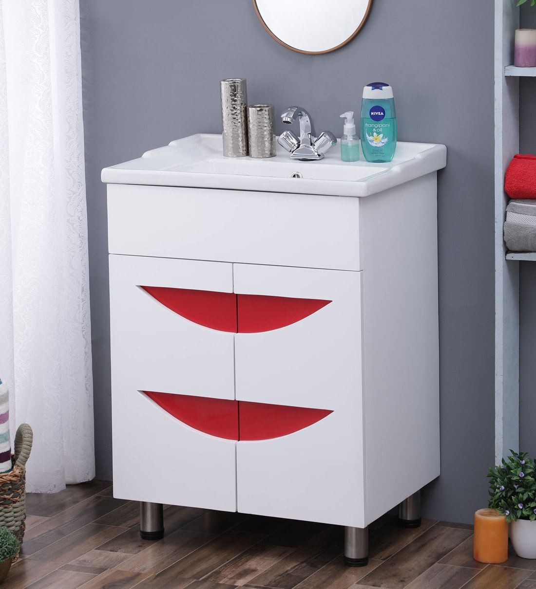 Buy PVC Floor Rested Bathroom Vanity in White & Red by JJ Sanitaryware ...