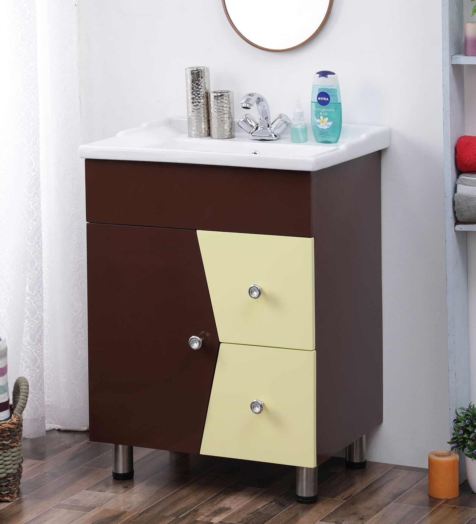 Buy PVC Floor Rested Bathroom Vanity in Ivory & Brown by JJ ...