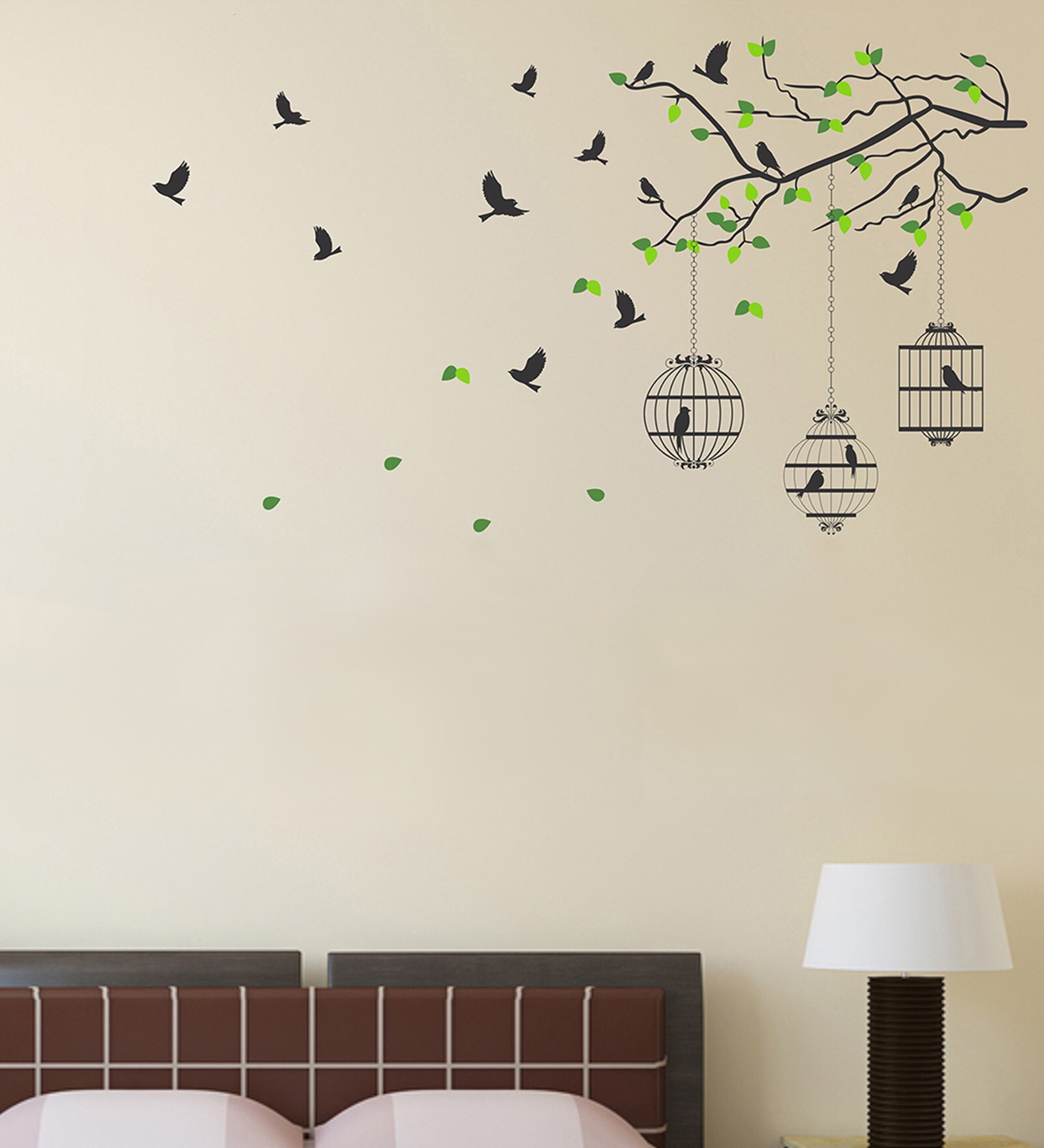 Buy PVC Vinyl Tree Branches with Leaves Birds & Cages Wall Sticker by ...
