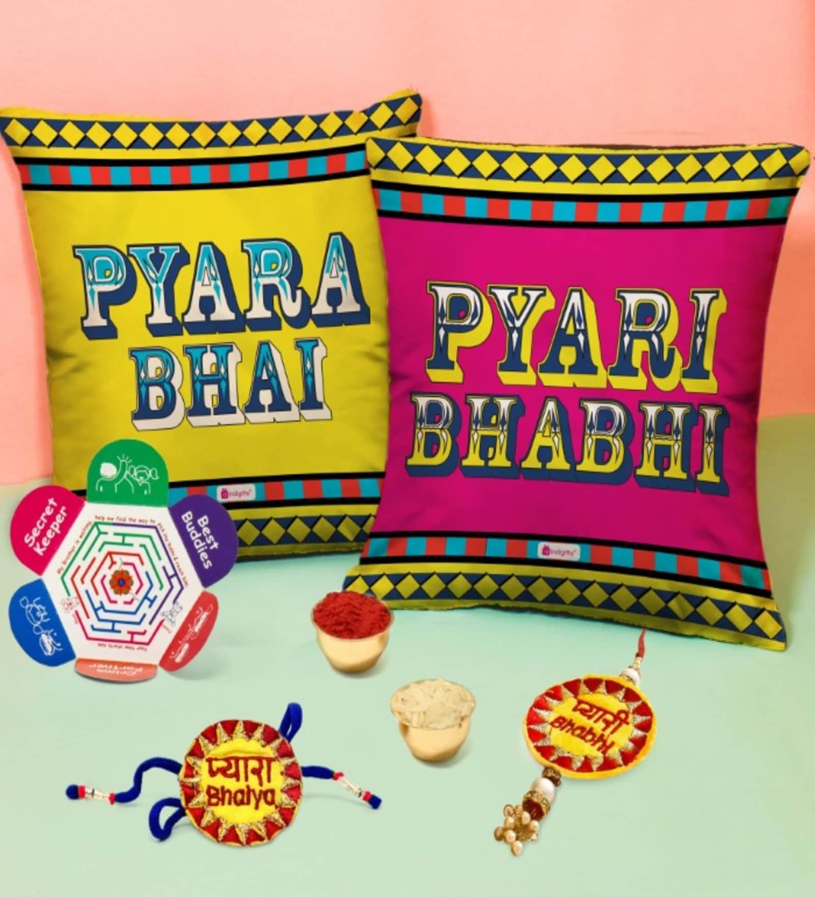 Buy Pyara Bhai & Bhabhi Cushion with Handcrafted Bhai and Bhabhi Rakhi ...