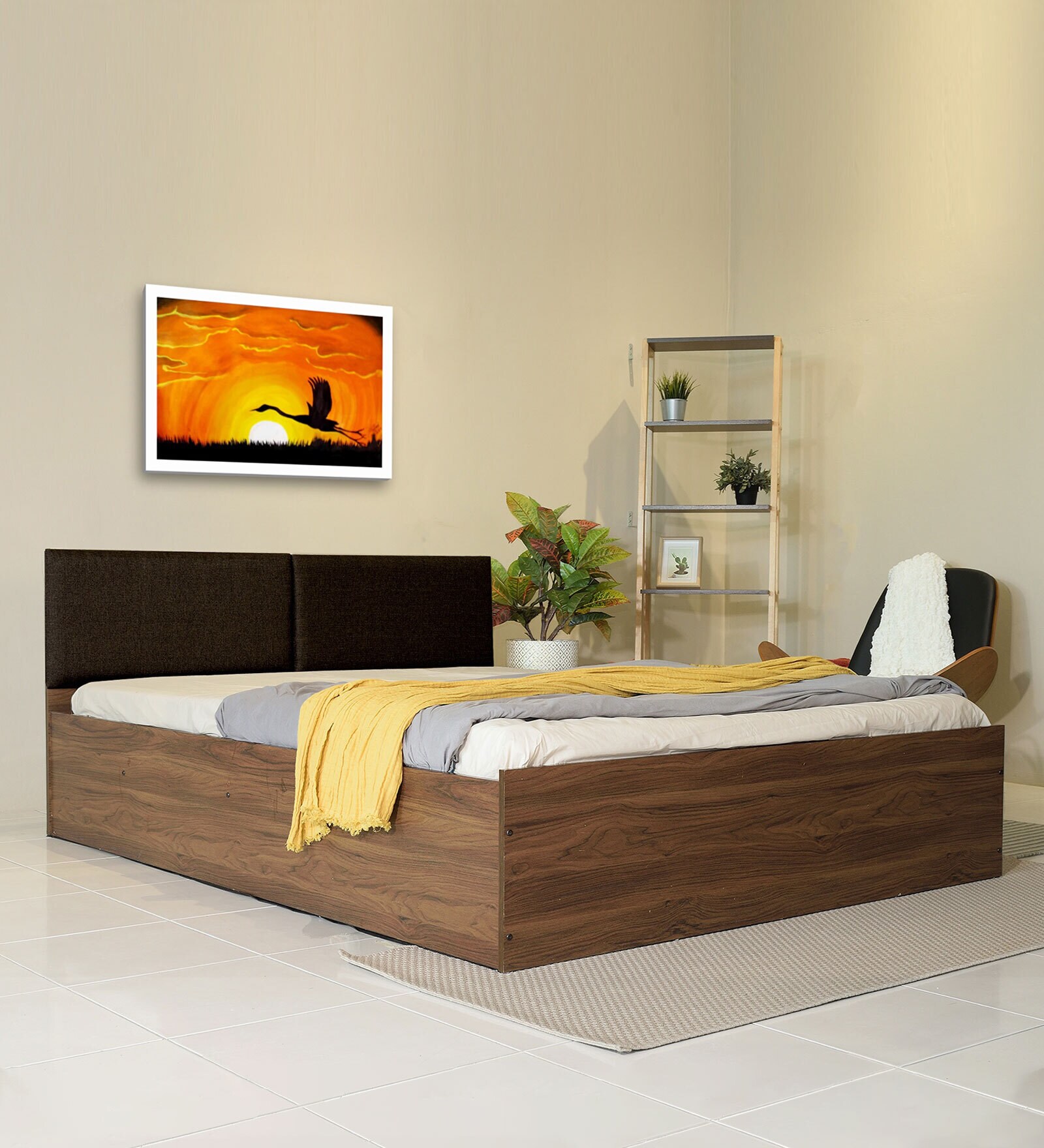 Buy Michi Queen Size Upholstered Bed in Dark Brown & Walnut Colour With ...