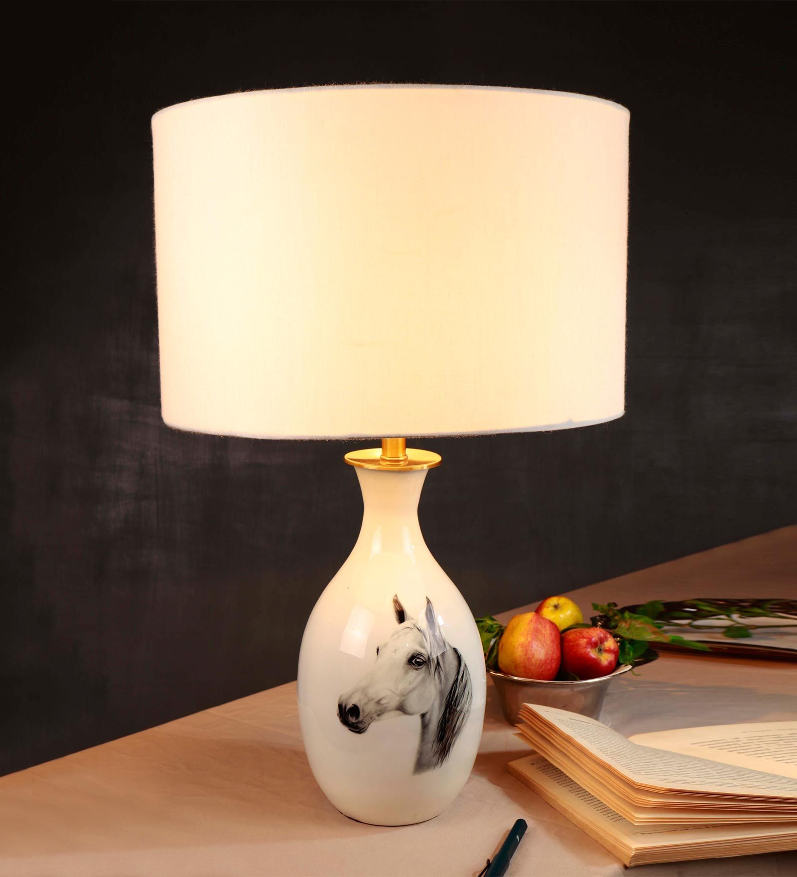 Buy Racing Horse White Fabric Shade Table Lamp with White Base by ...