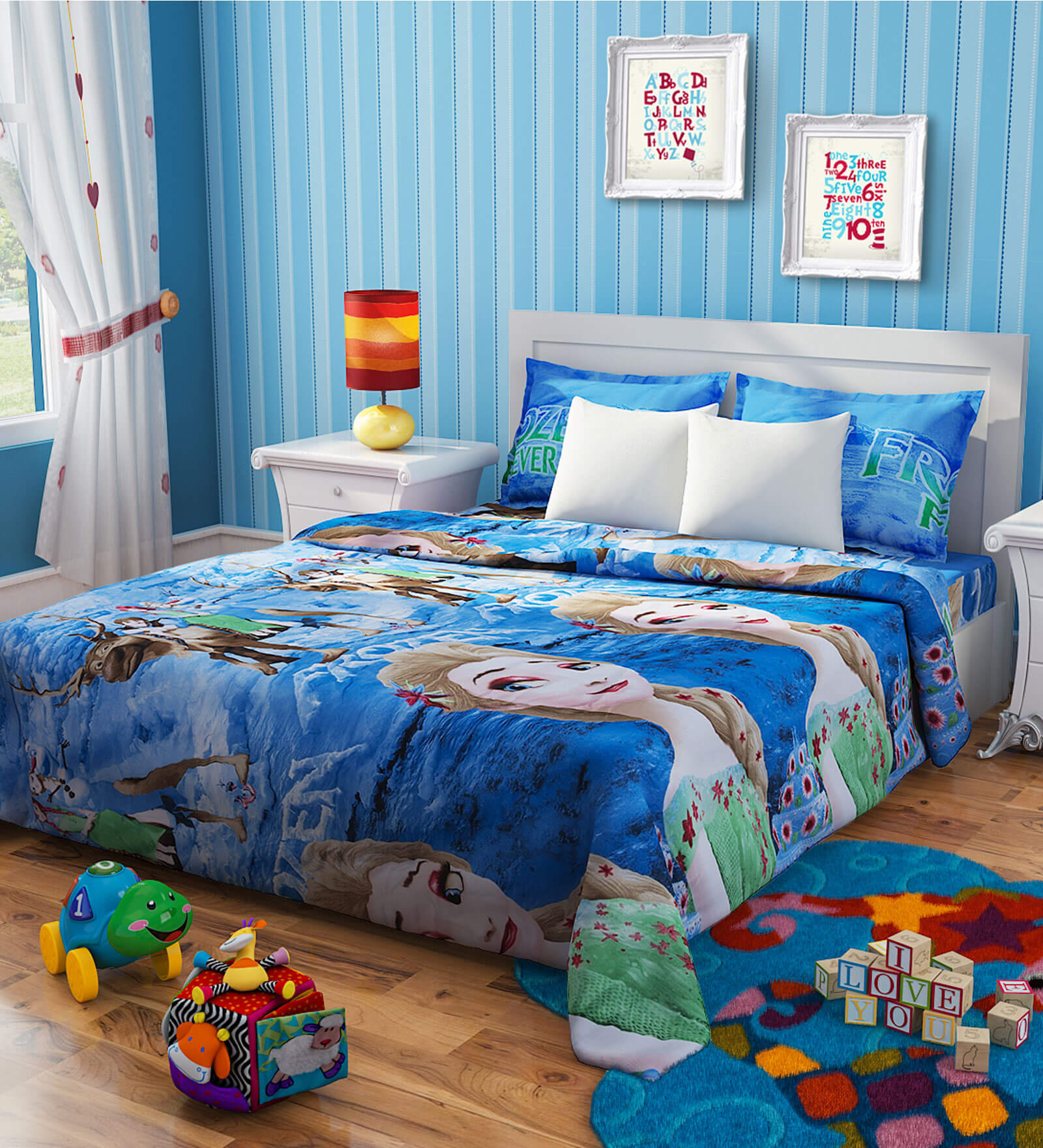 Buy Rago Kids Frozen Elsa Double Bedsheet in Blue & Green with 2 Pillow ...