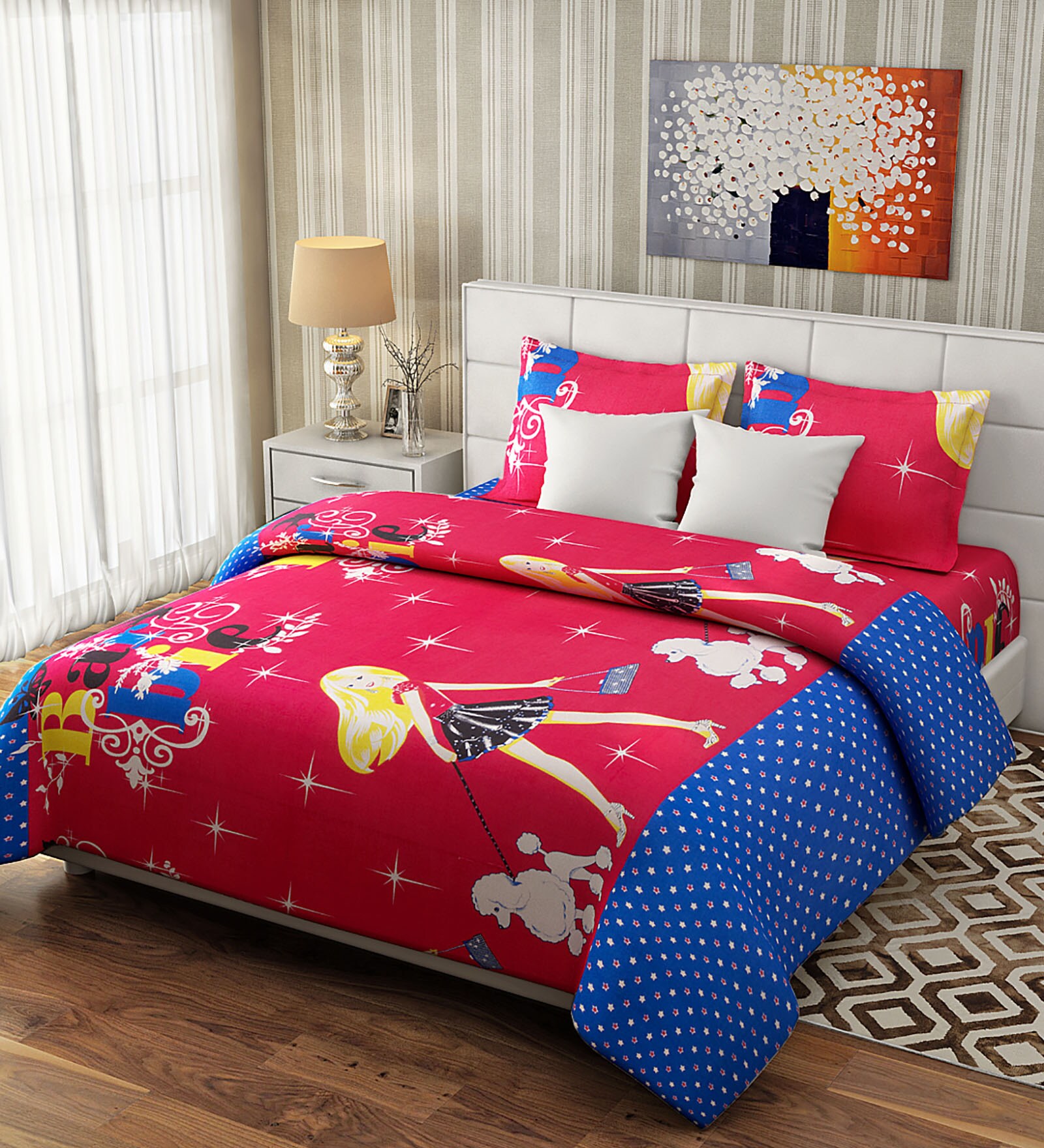 Buy Rago Kids Pop Red & Blue Cotton Princess Double Bedsheet with 2 ...