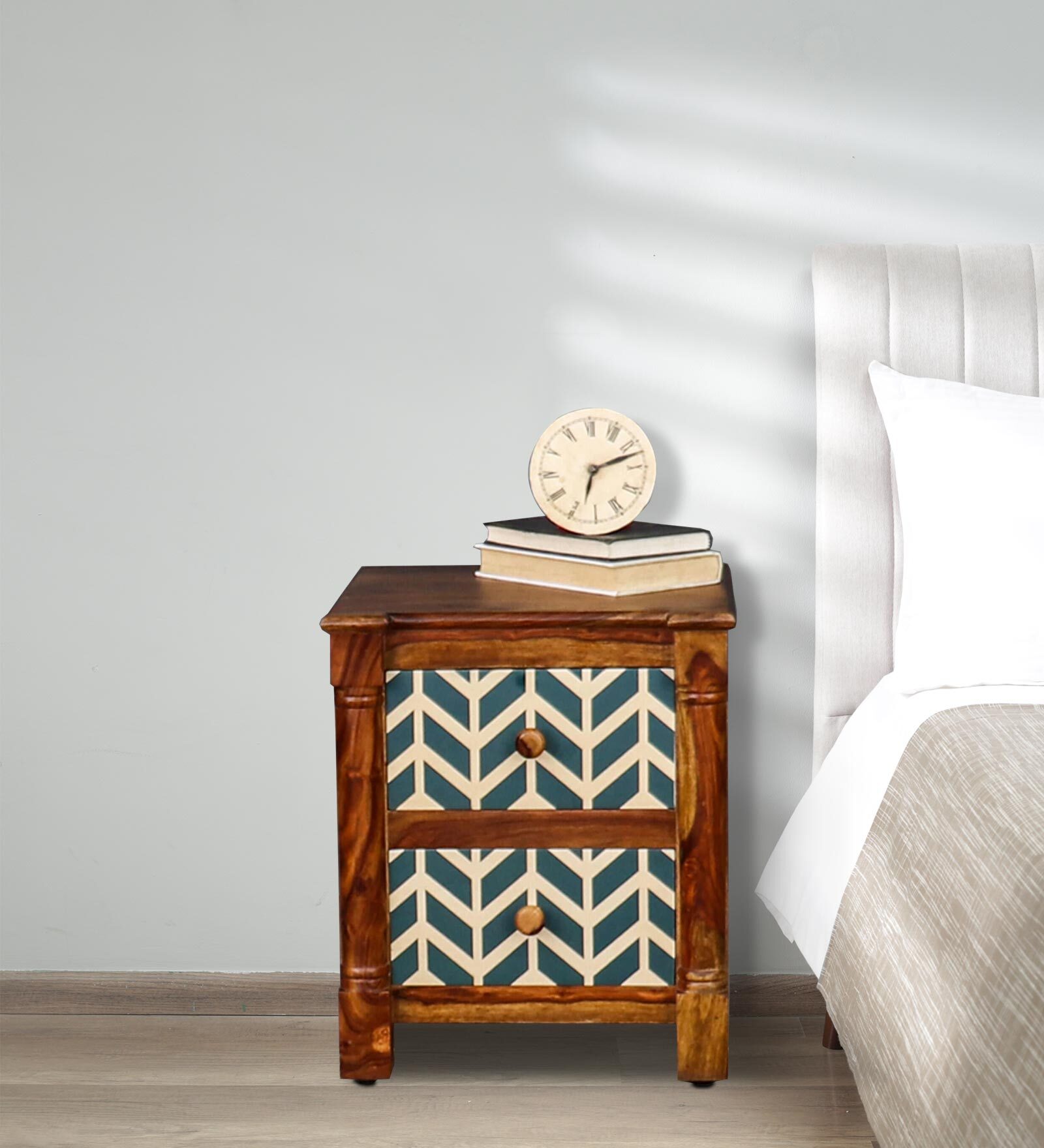 Buy Raison Sheesham Wood Bedside Table in Teak Finish with Drawers by ...