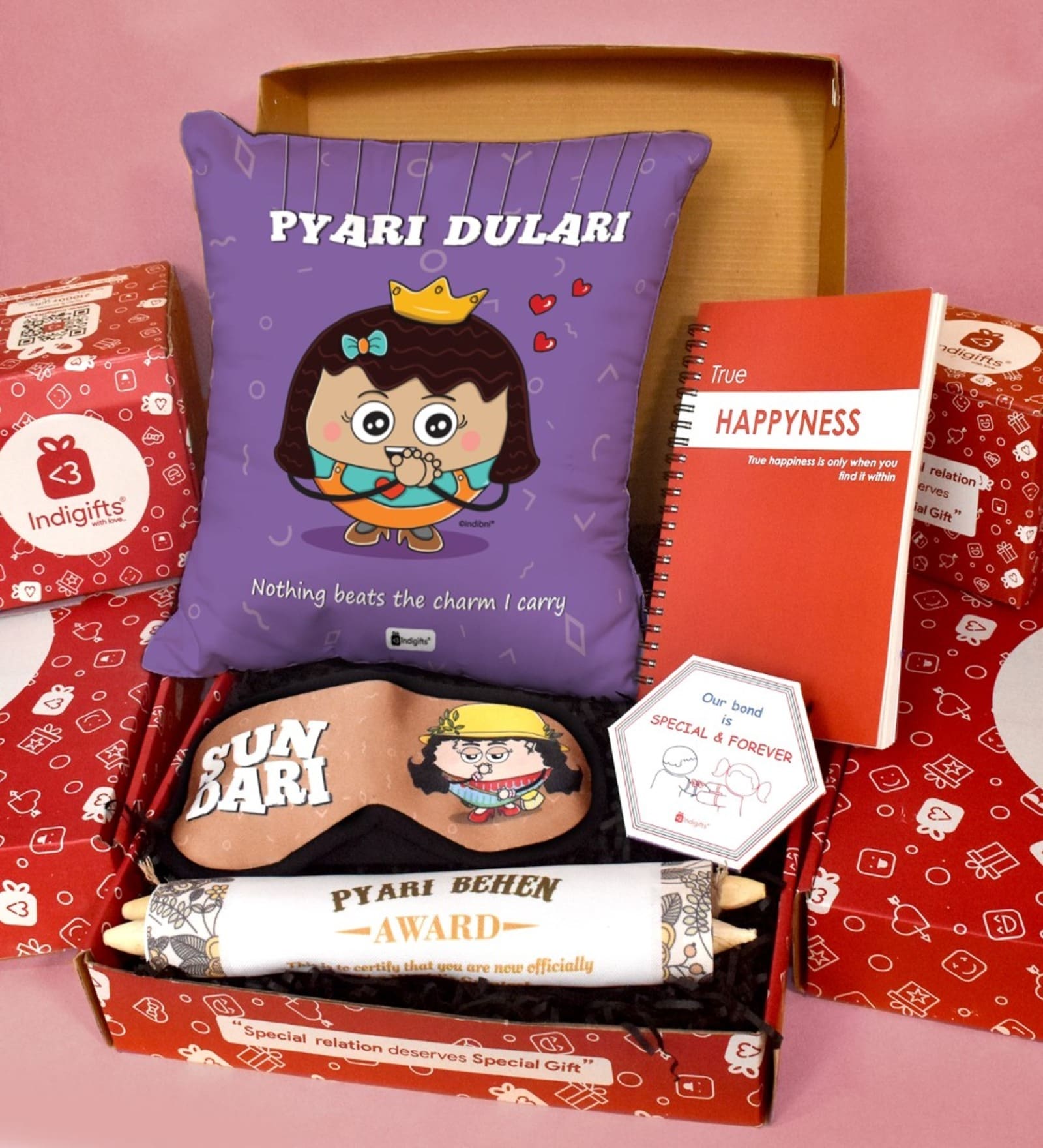 Buy Rakhi Gift Hamper For Sister With Cushion Scroll Eye Mask And Diary ...