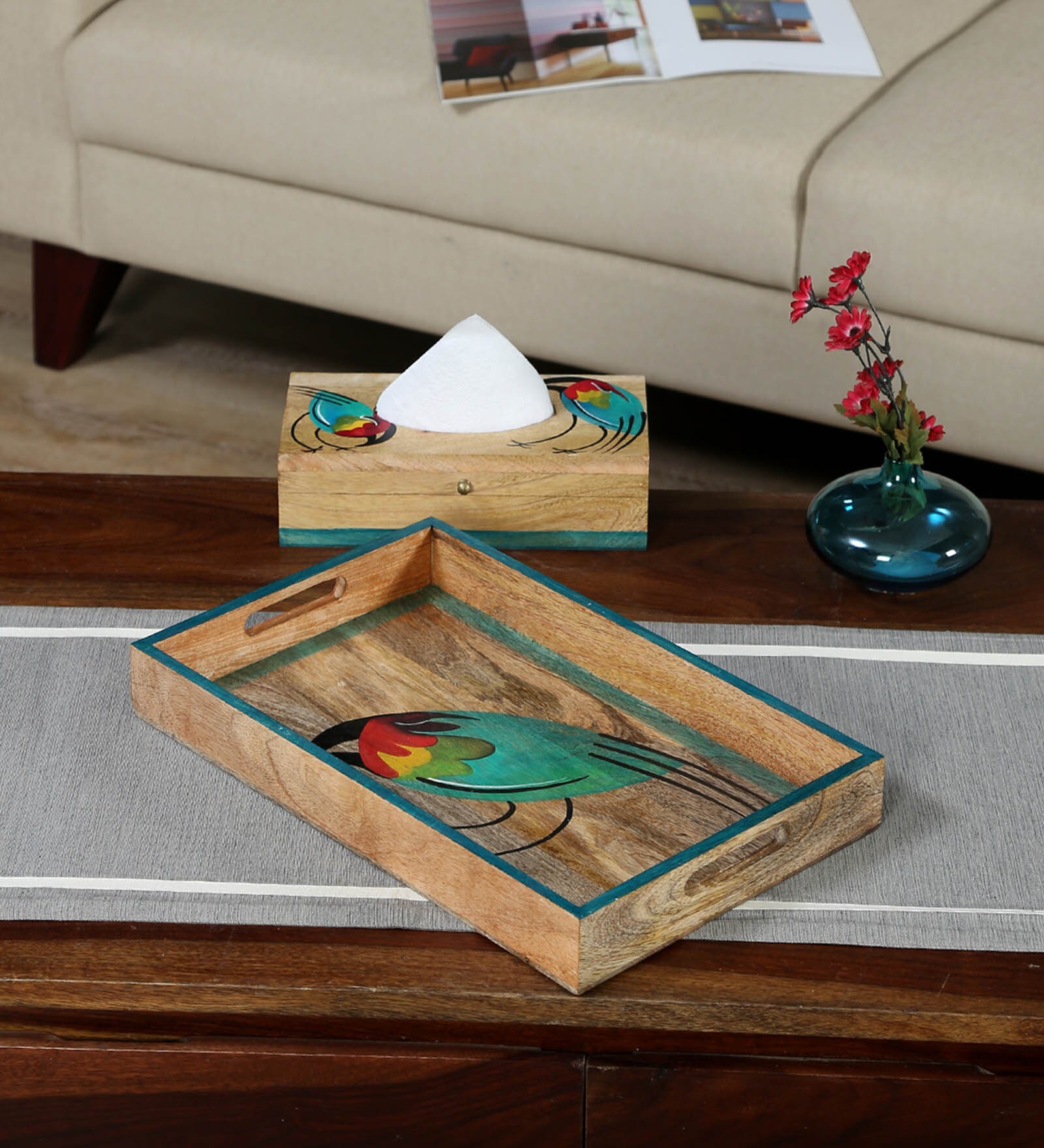 Buy Rangrage Handcrafted Mangowood Tray with Tissue Box - Set of 2 ...