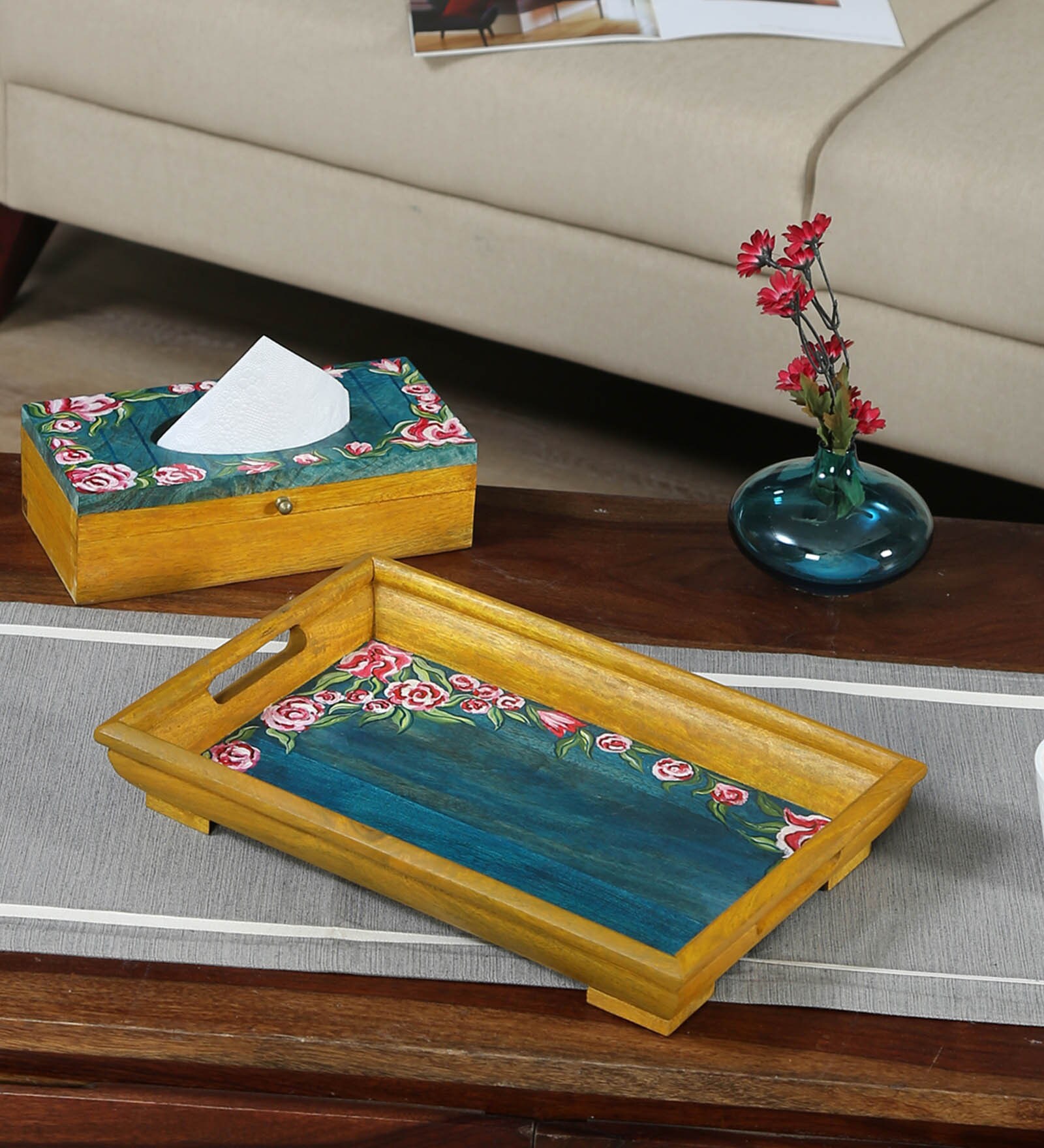 Buy Rangrage Handcrafted Mangowood Tray with Tissue Box - Set of 2 ...