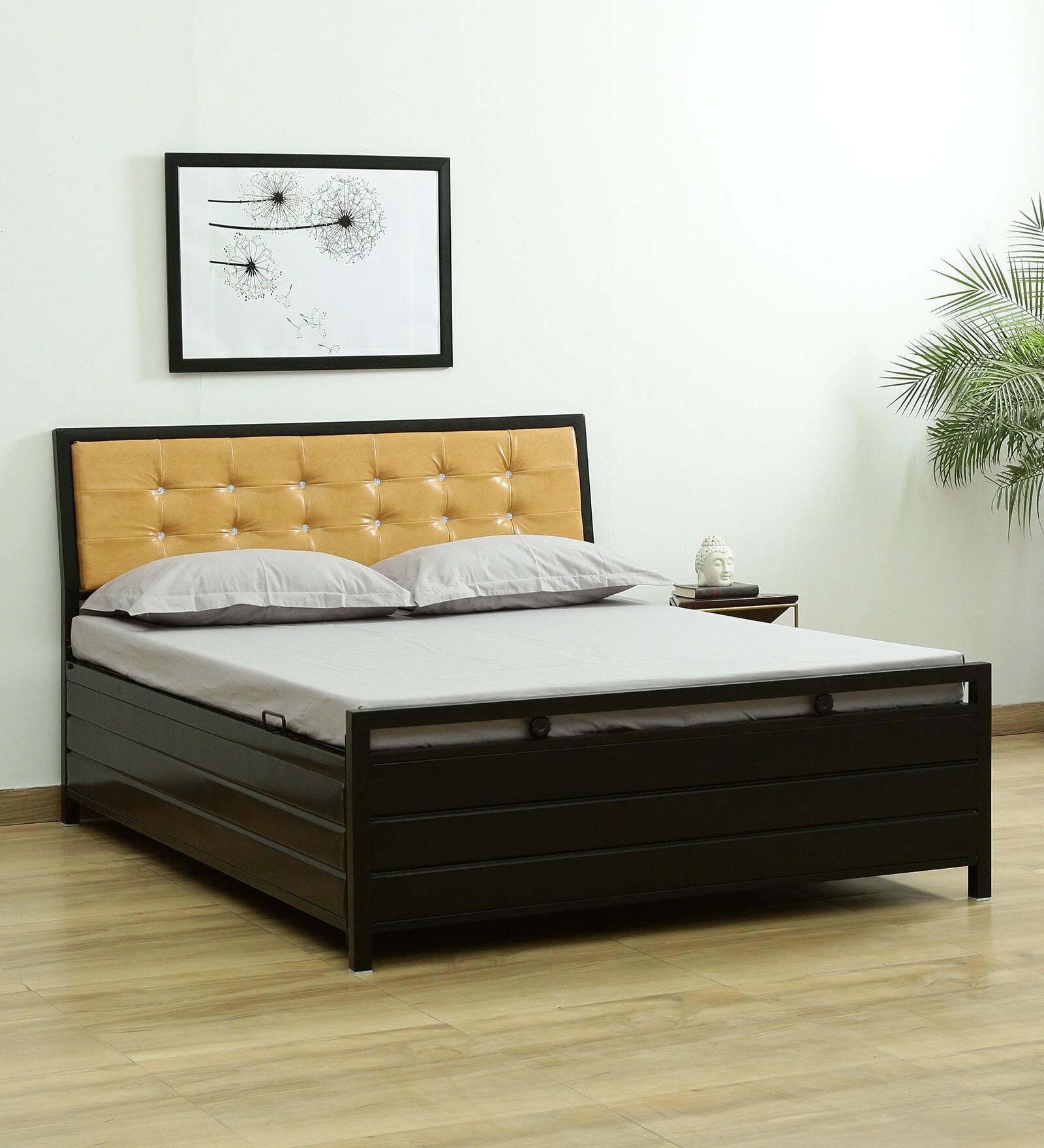 Buy Raven Metal Queen Size Bed With Hydraulic Storage In Black & Beige ...