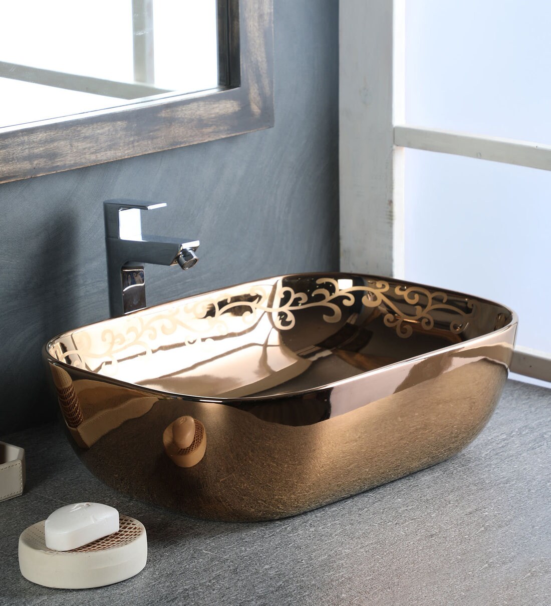 Buy Rectangular Shape Ceramic Gold Counter Top Wash Basin(L: 18, W: 14 ...