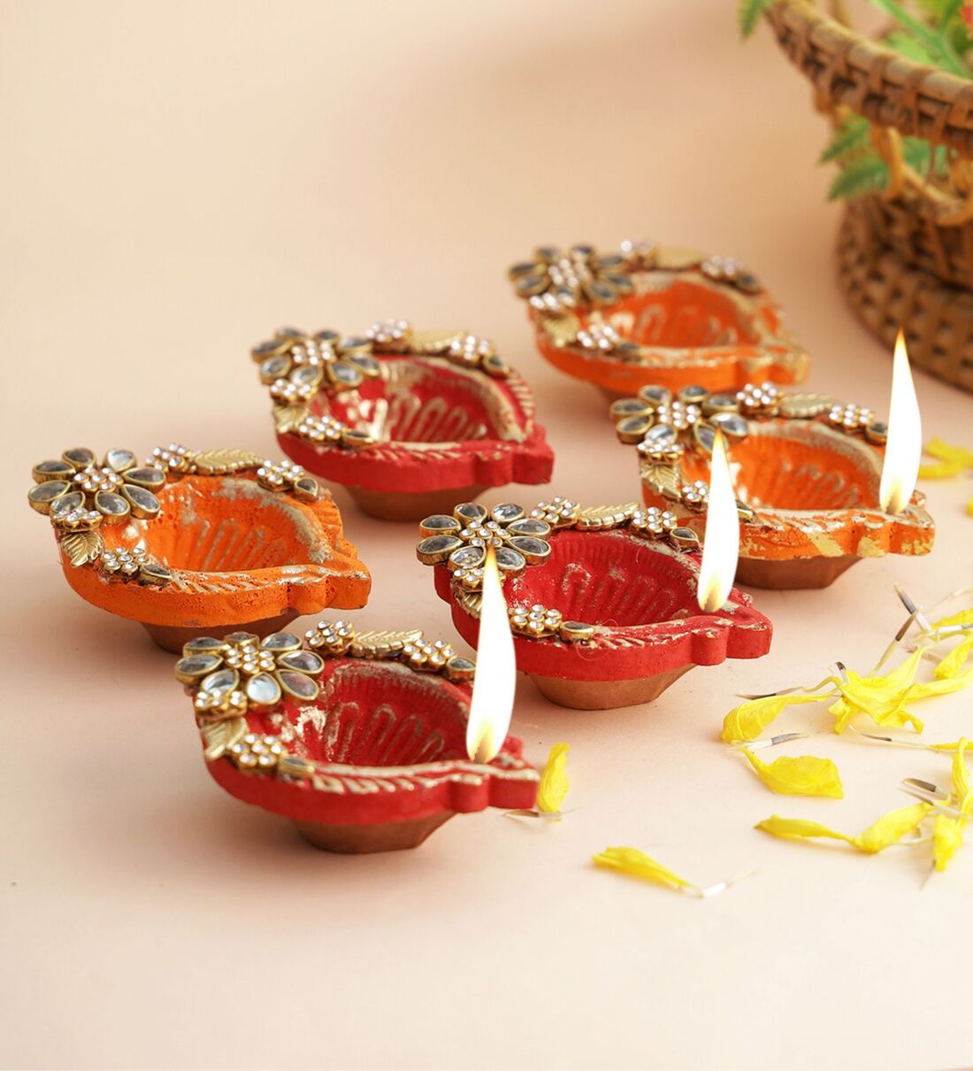 Buy Red & Orange Terracotta (Set of 6) Diya at 27% OFF by Aapno ...
