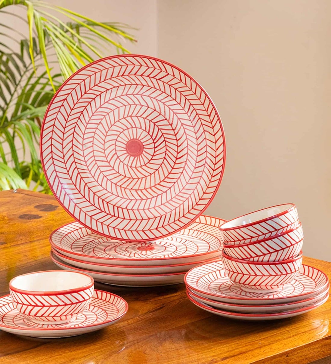 Buy Chevrons 12 Pcs Red & White Ceramic Dinnerware Set at 44% OFF by ExclusiveLane | Pepperfry
