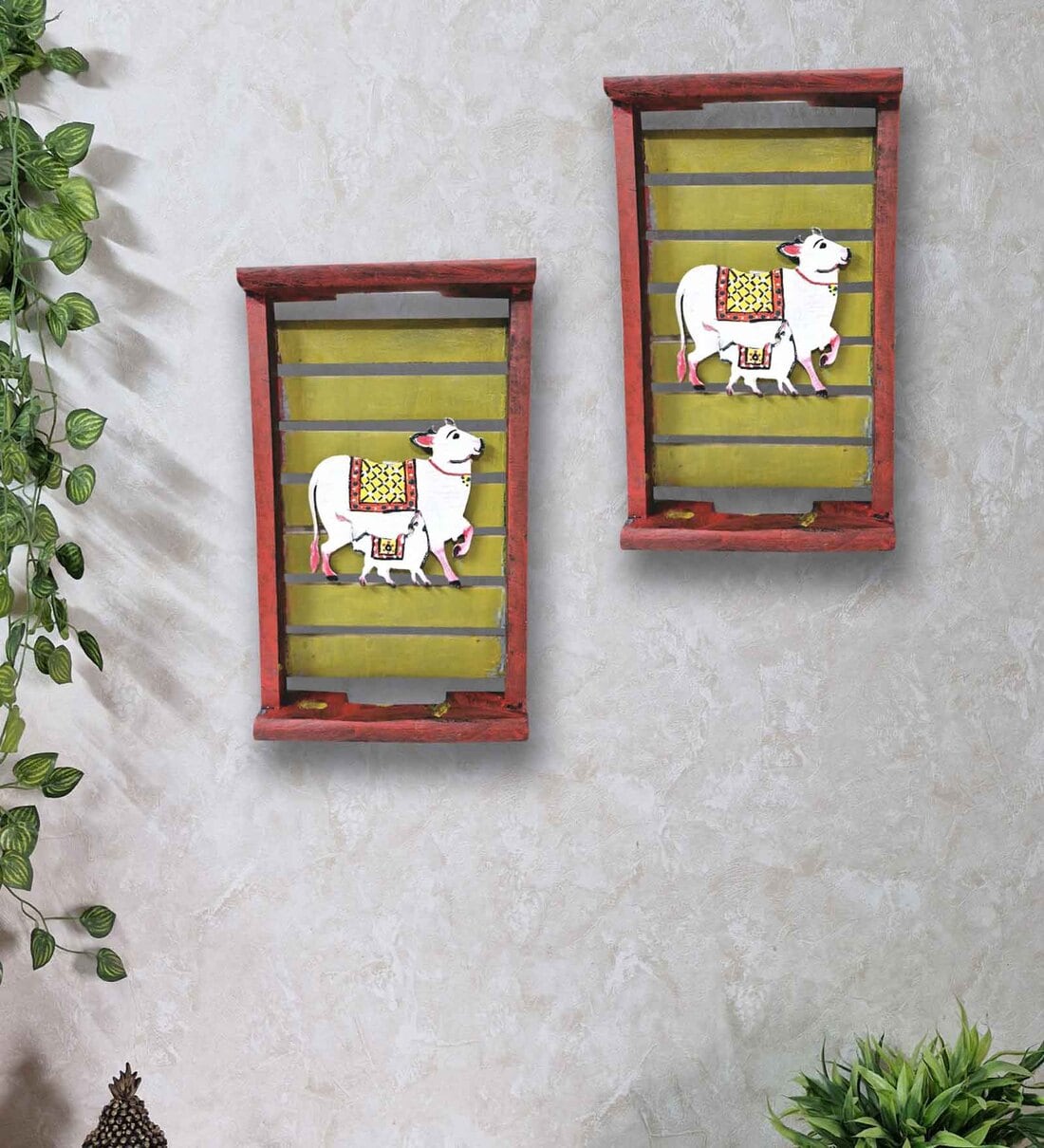 Buy Red Distress Finish Sheesham Wood Rectangle Wall Art with Cow at 27 ...