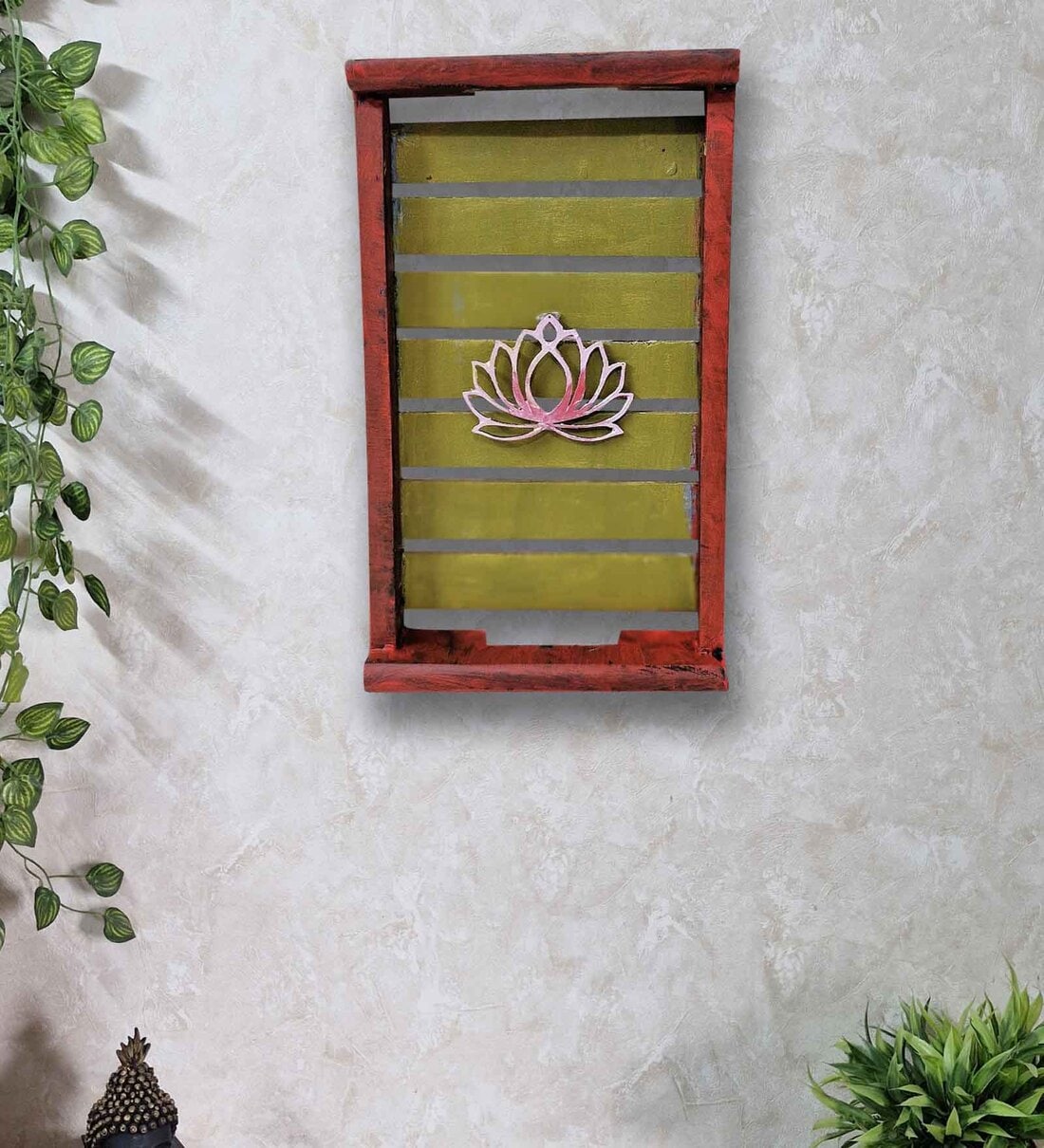 Buy Red Distress Finish Sheesham Wood Rectangle Wall Art with Lotus at ...