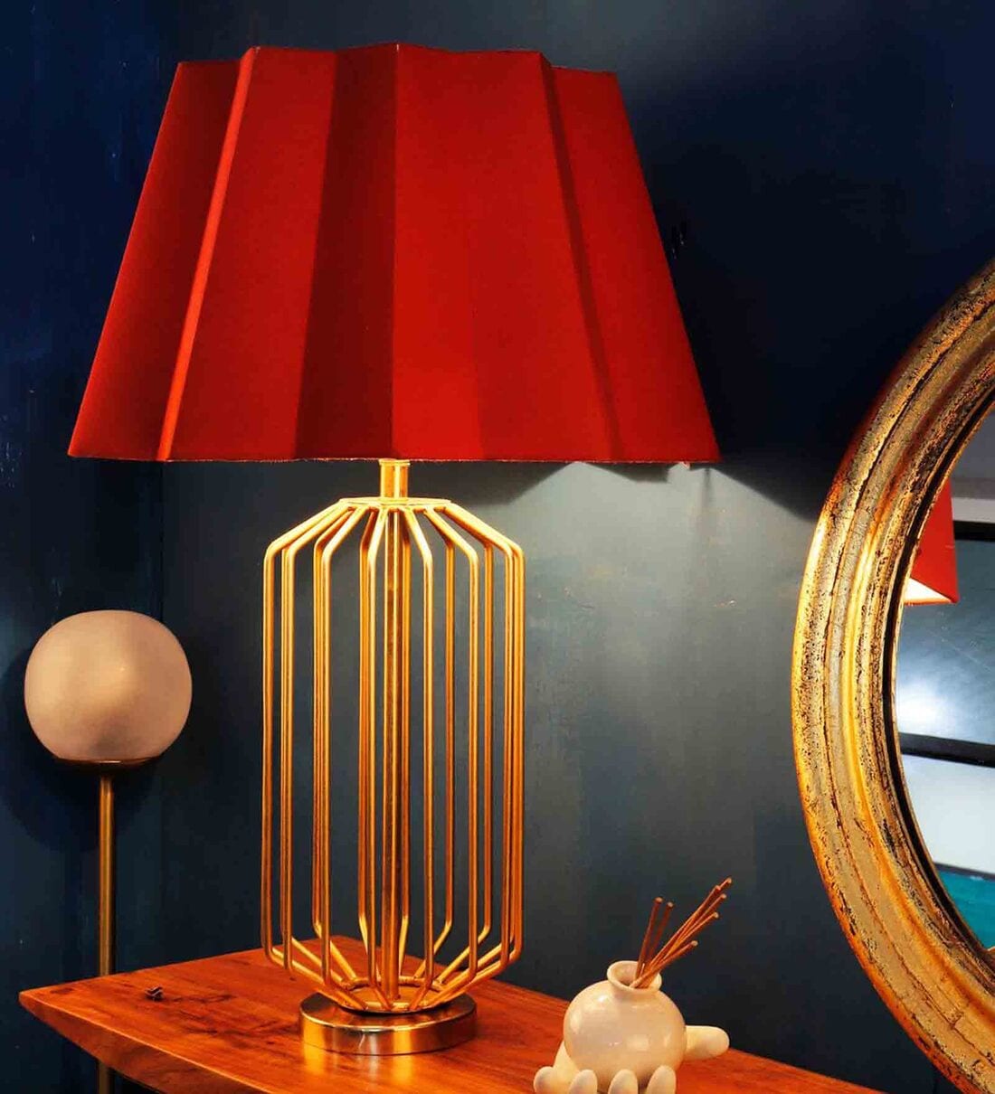 Buy Intricately Red Fabric Shade Table Lamp With Metal Base by Grated ...