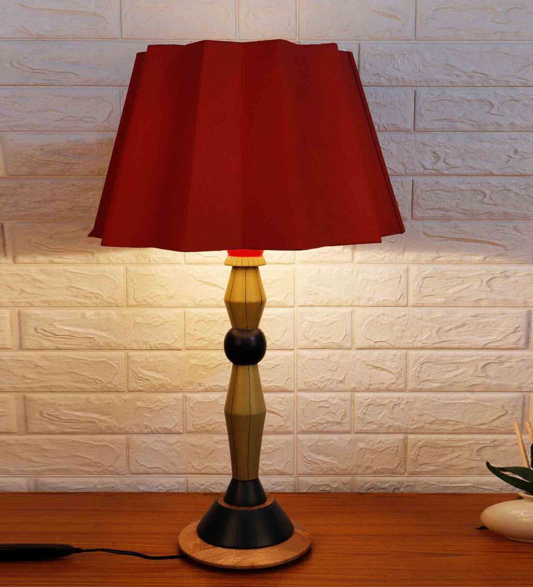 Buy Damsel Red Fabric Shade Night Lamp With Wood Base By Grated Ginger ...