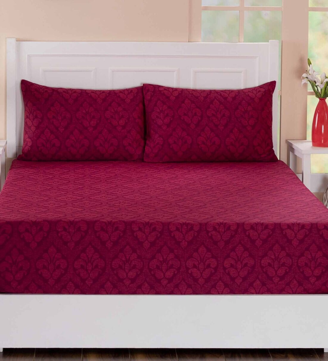 Buy Red Traditional 210 TC Cotton 1 Double Bedsheet With 2 Pillow ...