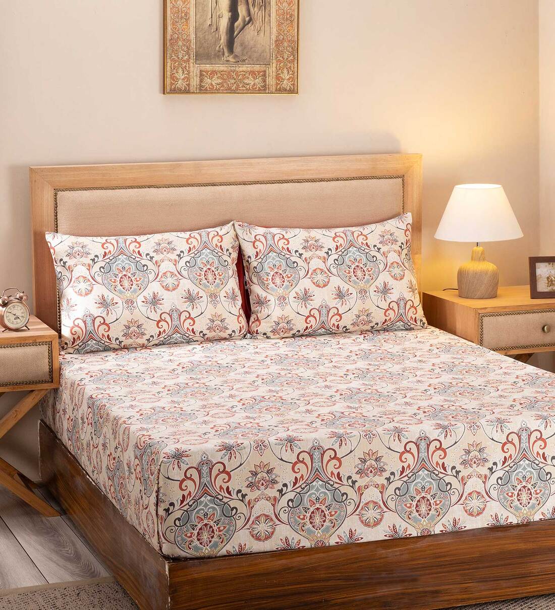 Buy Red Traditional 300 TC 100% Cotton Queen Sized Bed Sheets with 2 ...