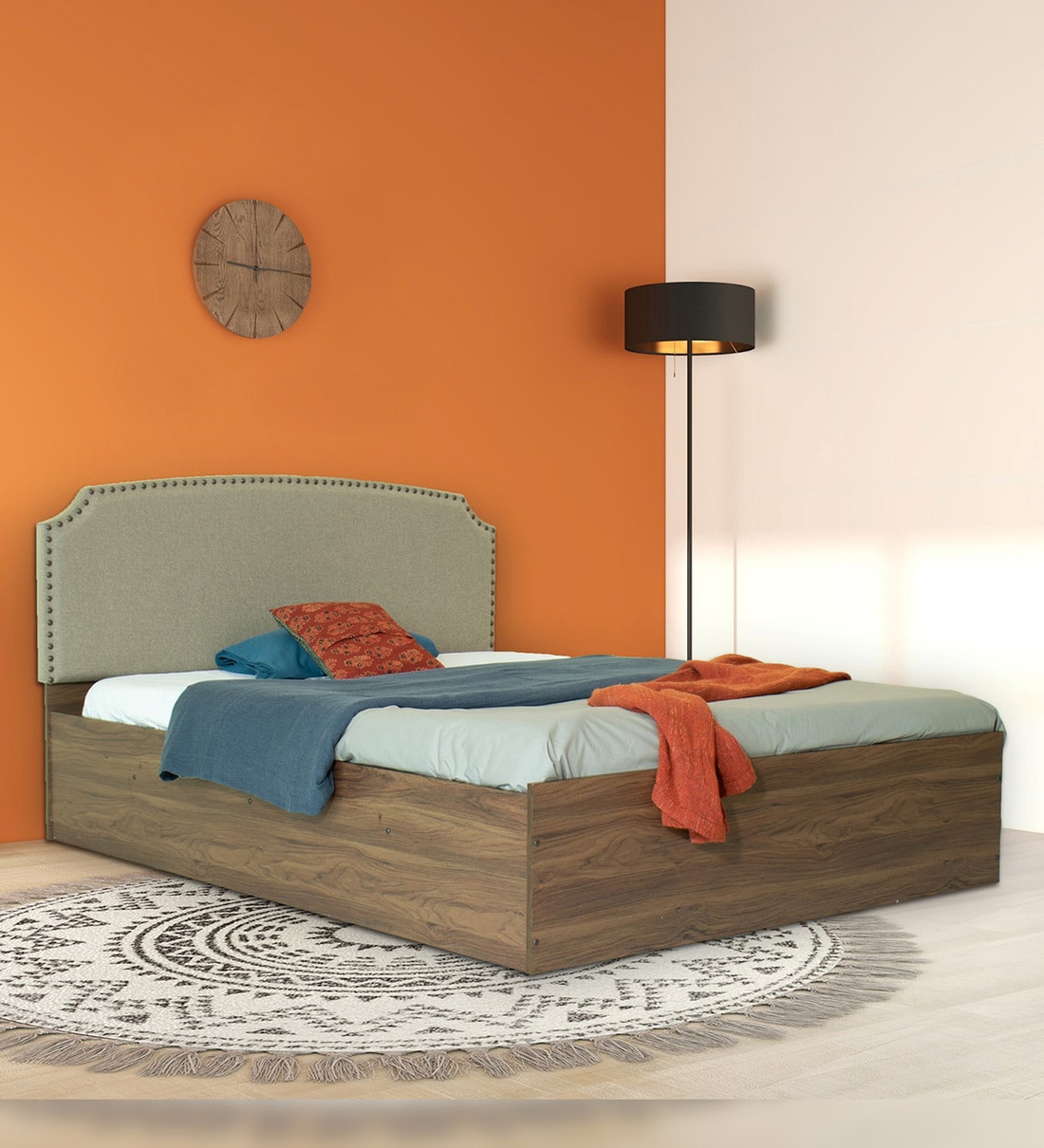 Buy Reina Queen Size Upholstered Bed in Oat Brown & Walnut Colour With ...