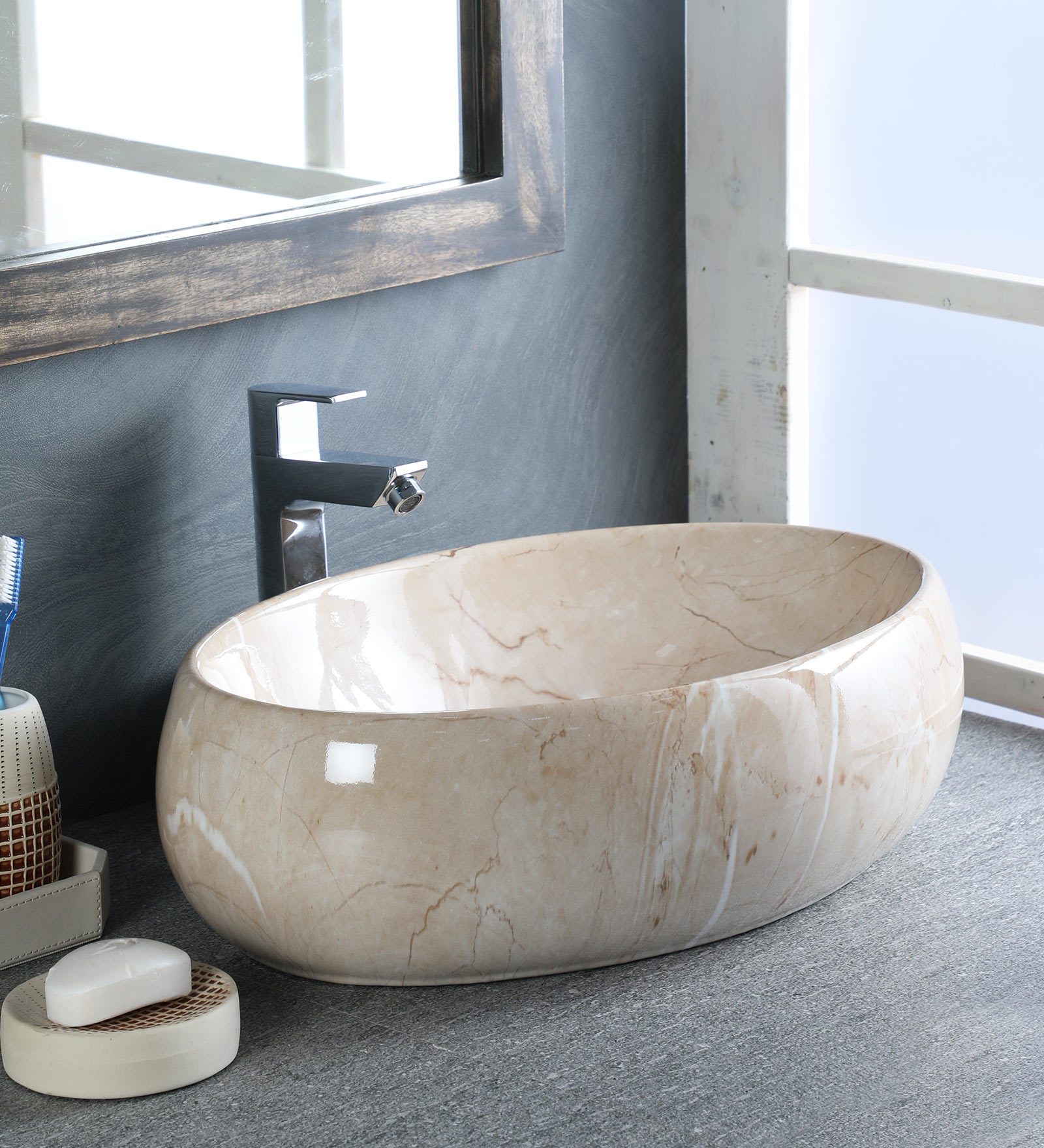 Buy Oval Shape Ceramic Cream Counter Top Wash Basin(L: 19, W: 14, H: 5 ...
